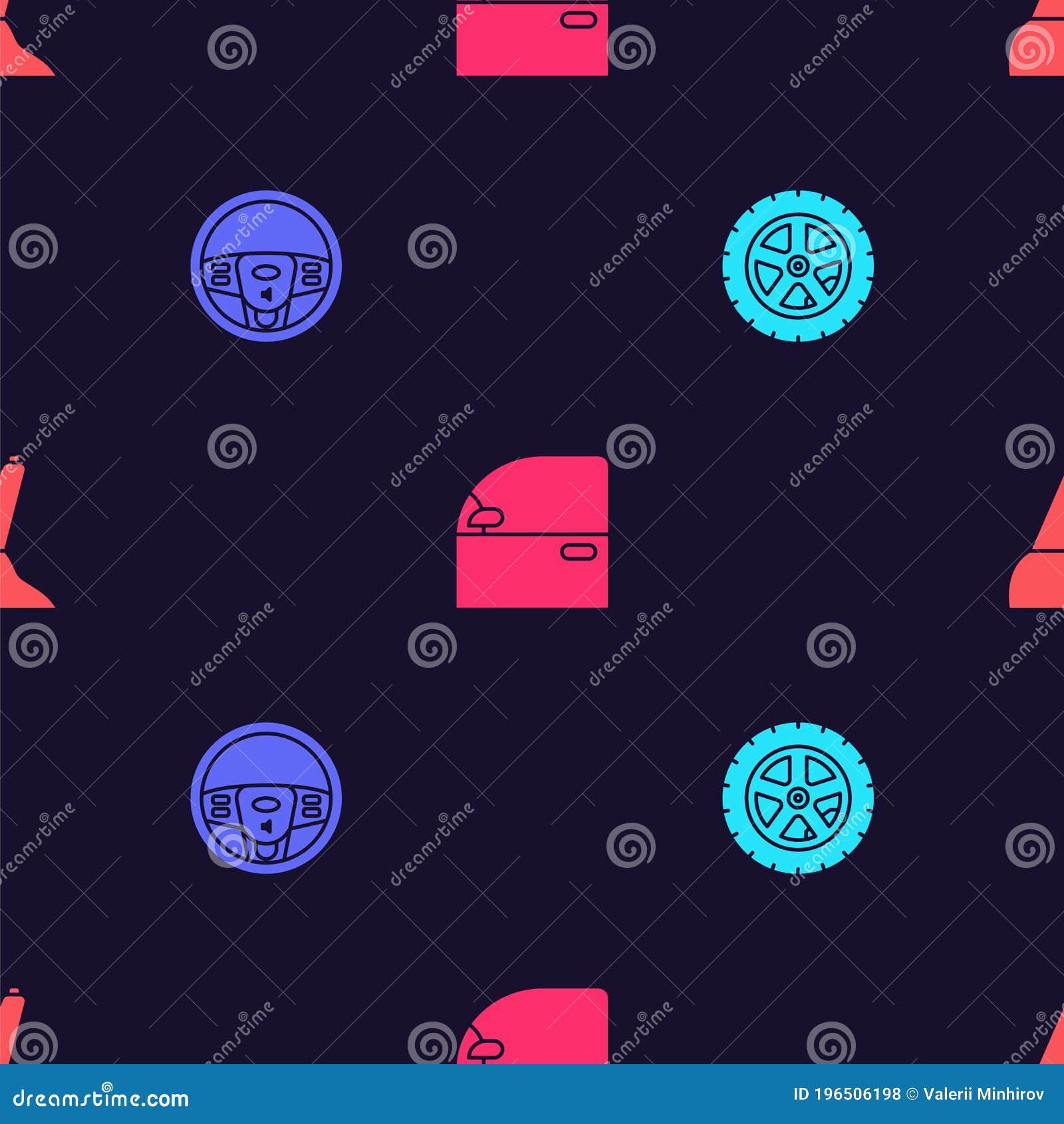 Set Car Wheel, Steering, Door and Handbrake on Seamless Pattern. Vector ...