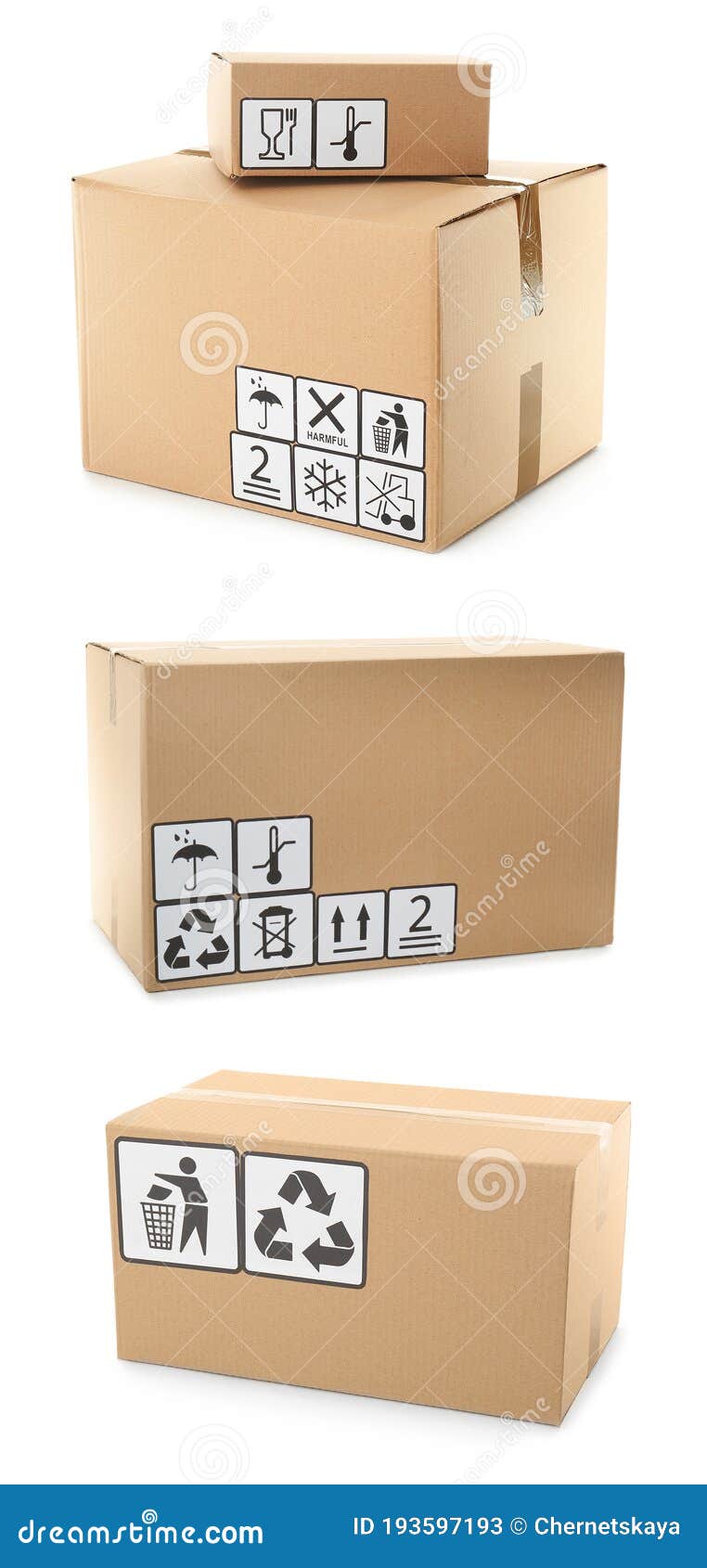 Set of Cardboard Boxes with Packaging Symbols on Background Stock Image ...