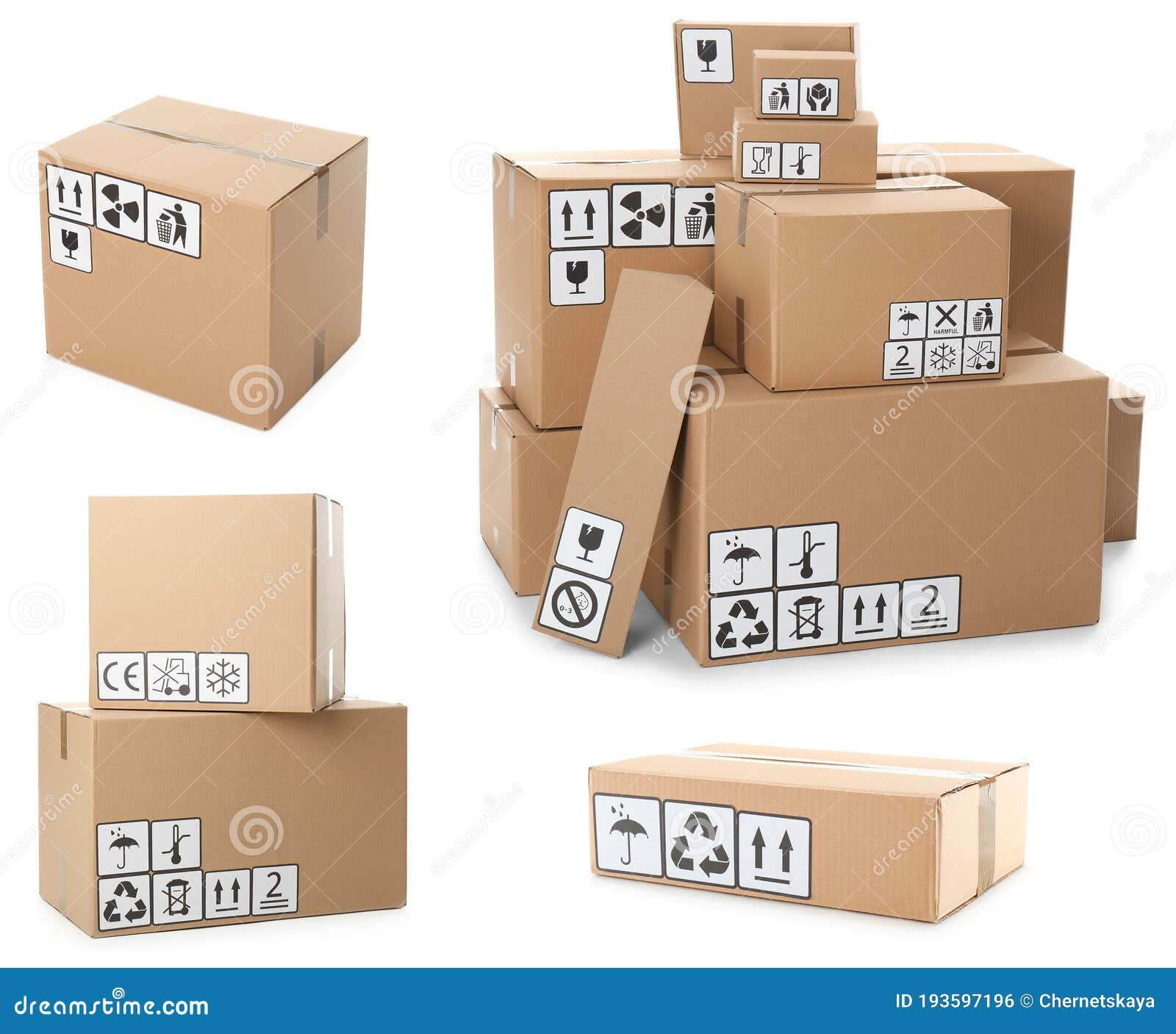 Set Of Cardboard Boxes With Packaging Symbols On Background Stock ...