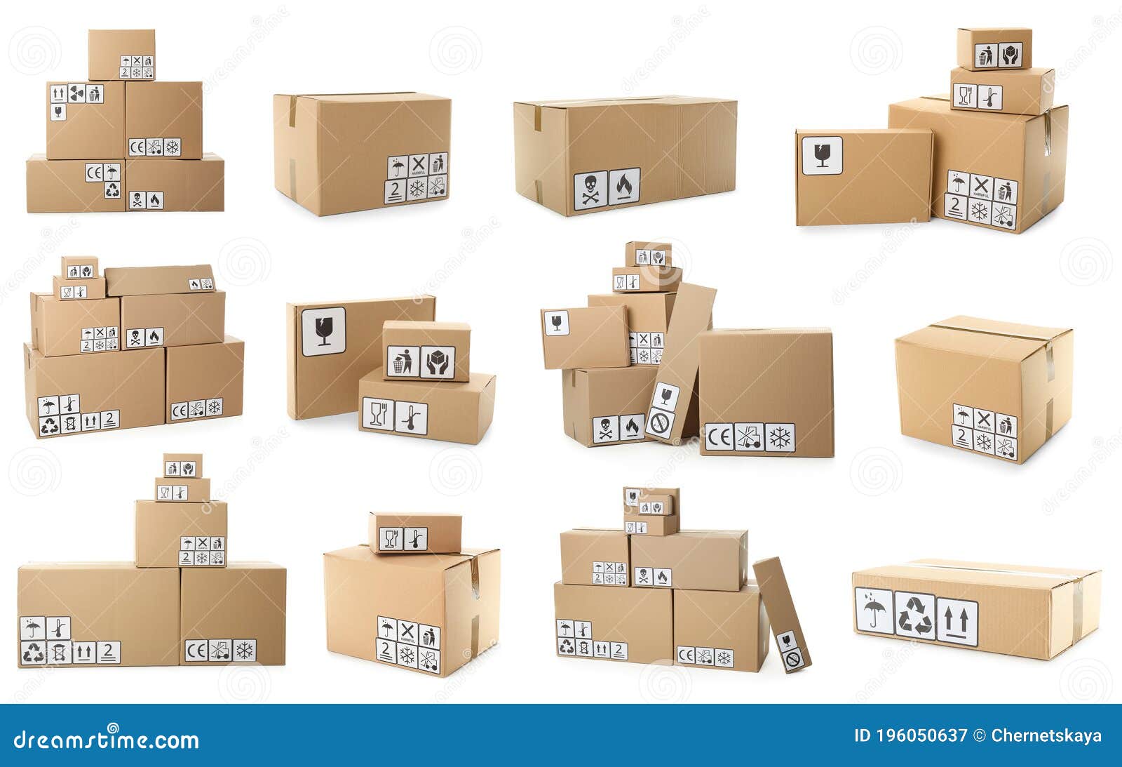 Set of Cardboard Boxes with Packaging Symbols on White Background Stock ...