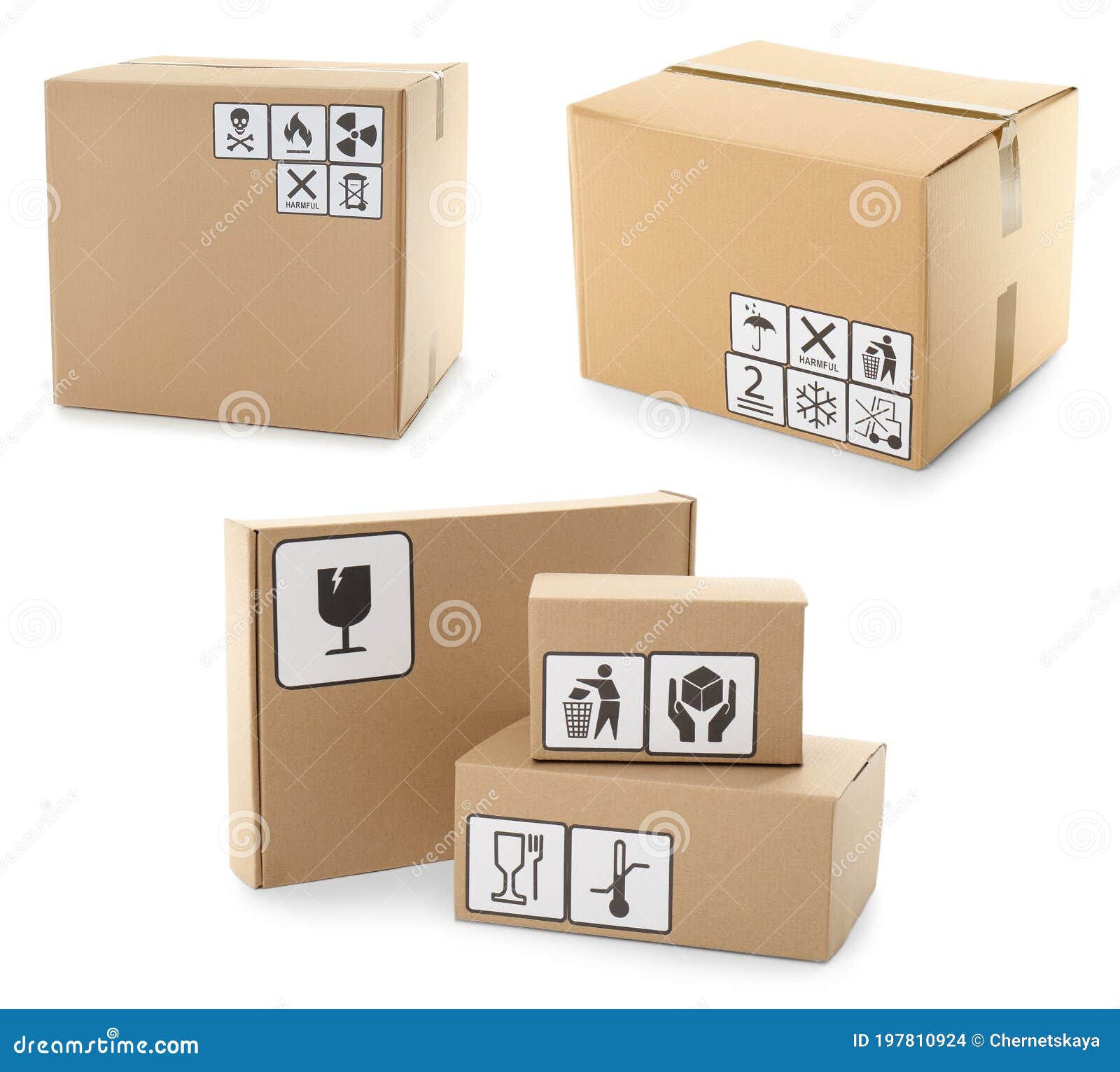Set of Cardboard Boxes with Packaging Symbols on White Background Stock ...