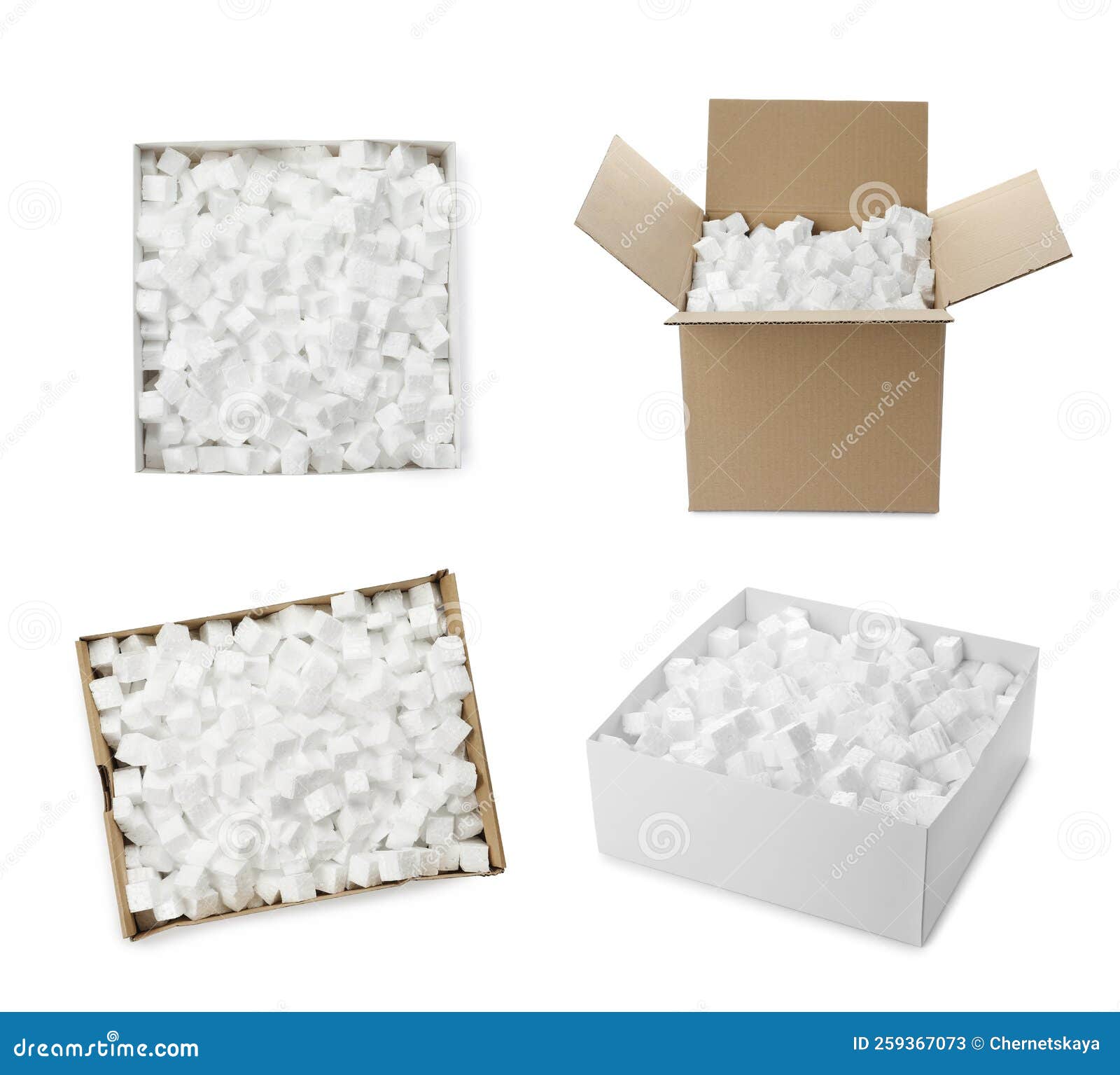 Set with Cardboard Boxes with Styrofoam Cubes on White Background Stock ...