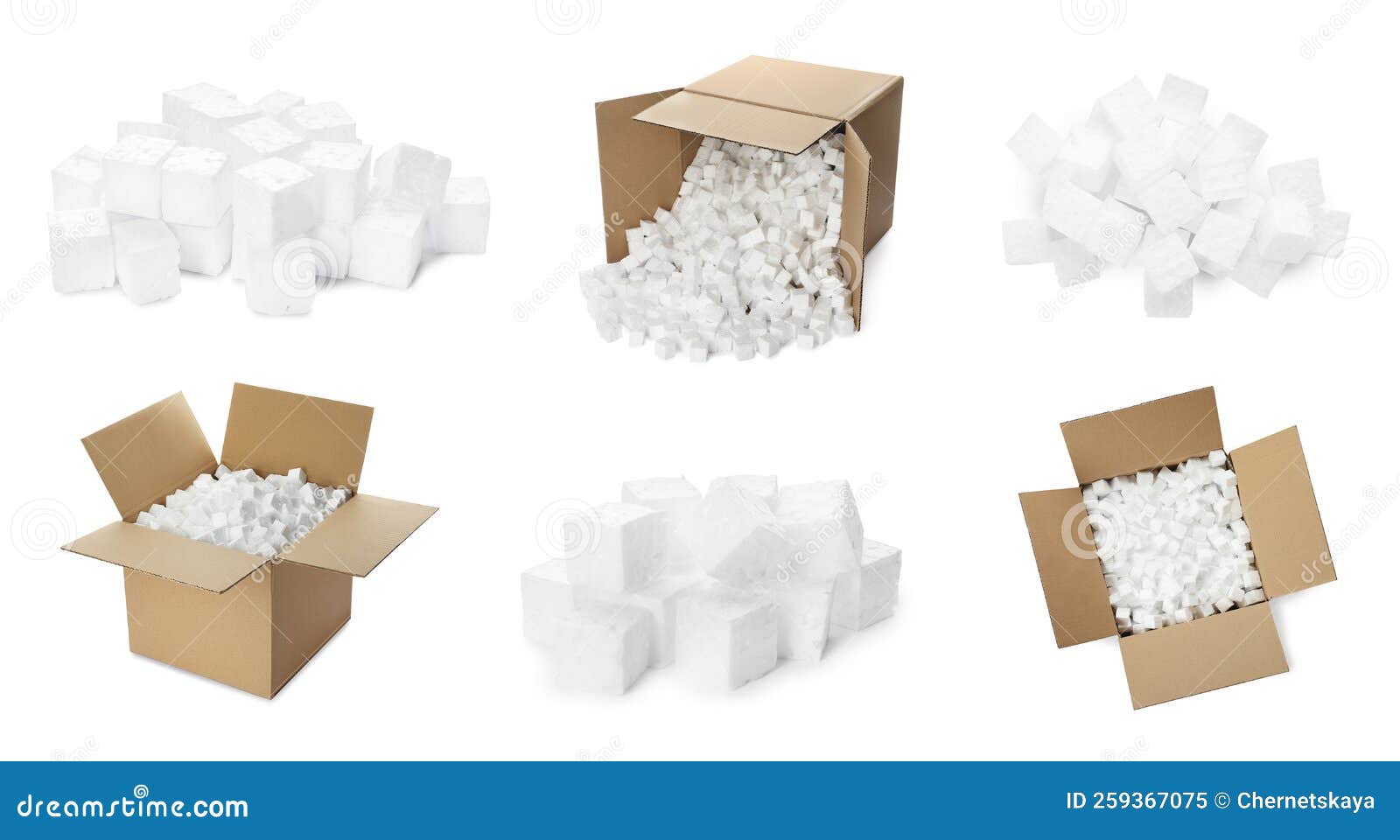 Set with Cardboard Boxes with Styrofoam Cubes on White Background Stock ...