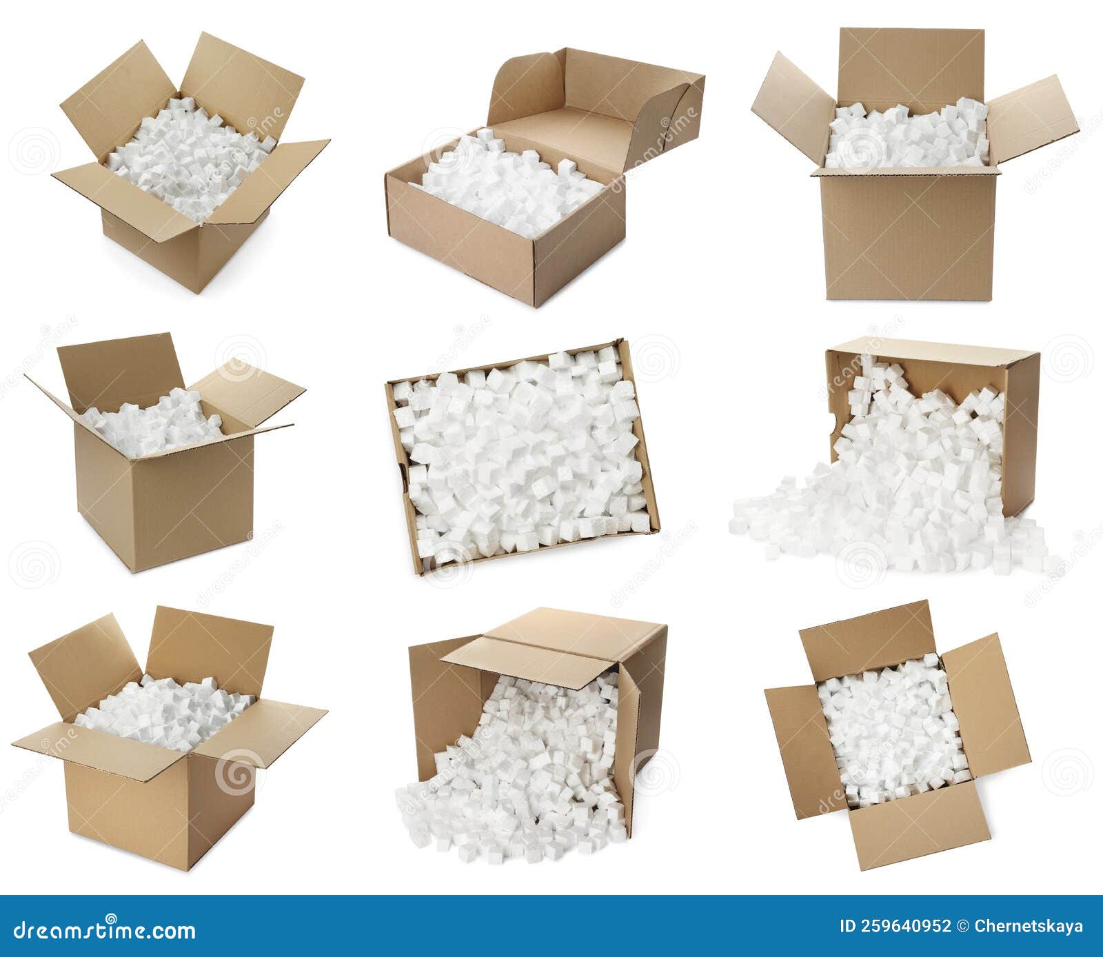 Set with Cardboard Boxes with Styrofoam Cubes on White Background Stock ...