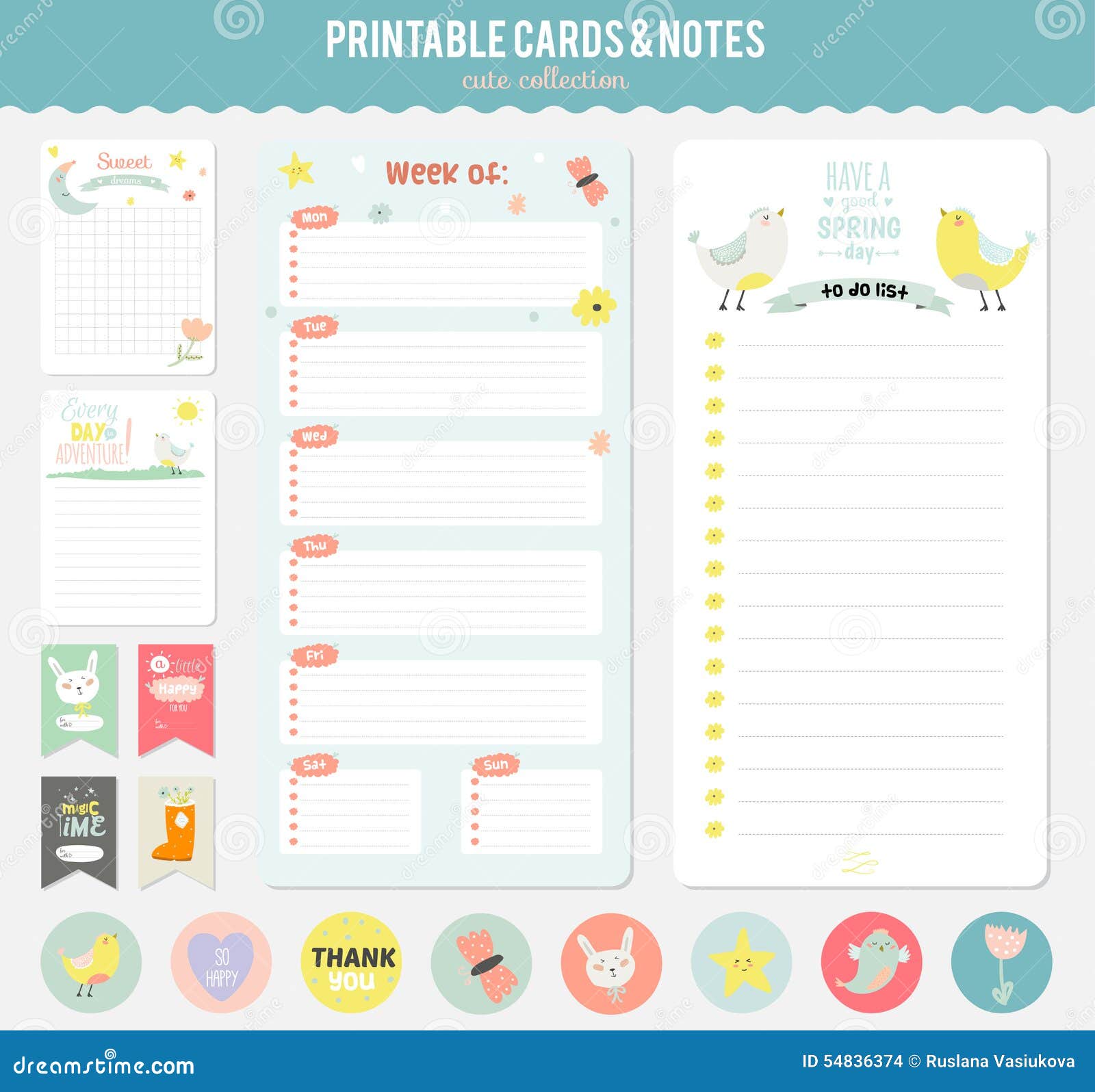 Set of Cards, Notes and Stickers with Cute Stock Vector - Illustration ...