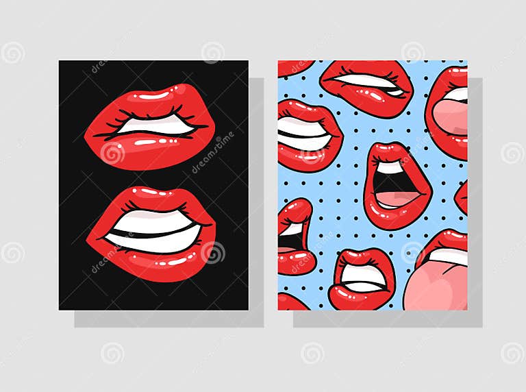 Set Of Cards With Female Lips With Gloss Red Lipstick Pop Art Style