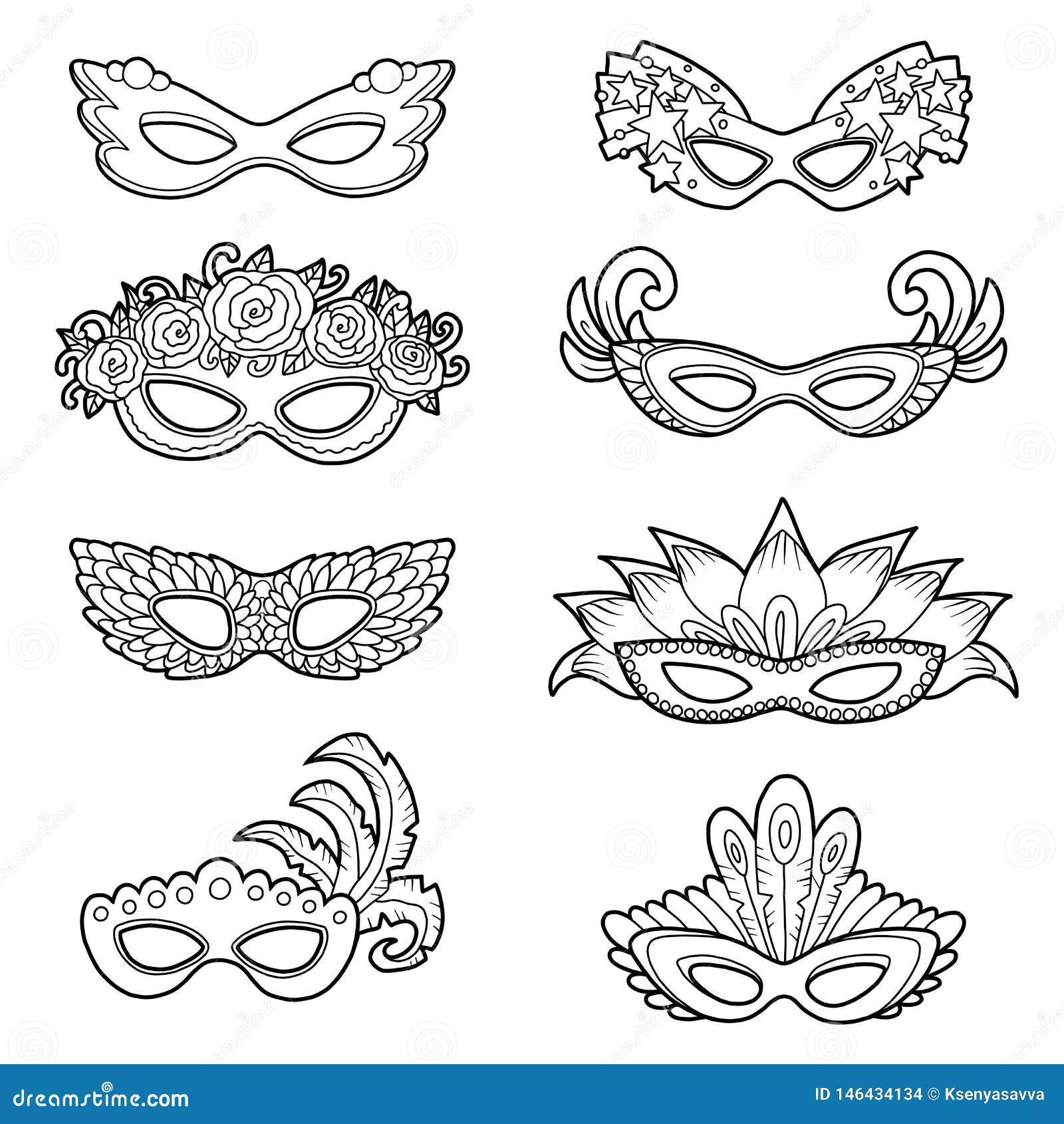 Set of Carnival Masks, Black and White Collection of Cartoon ...