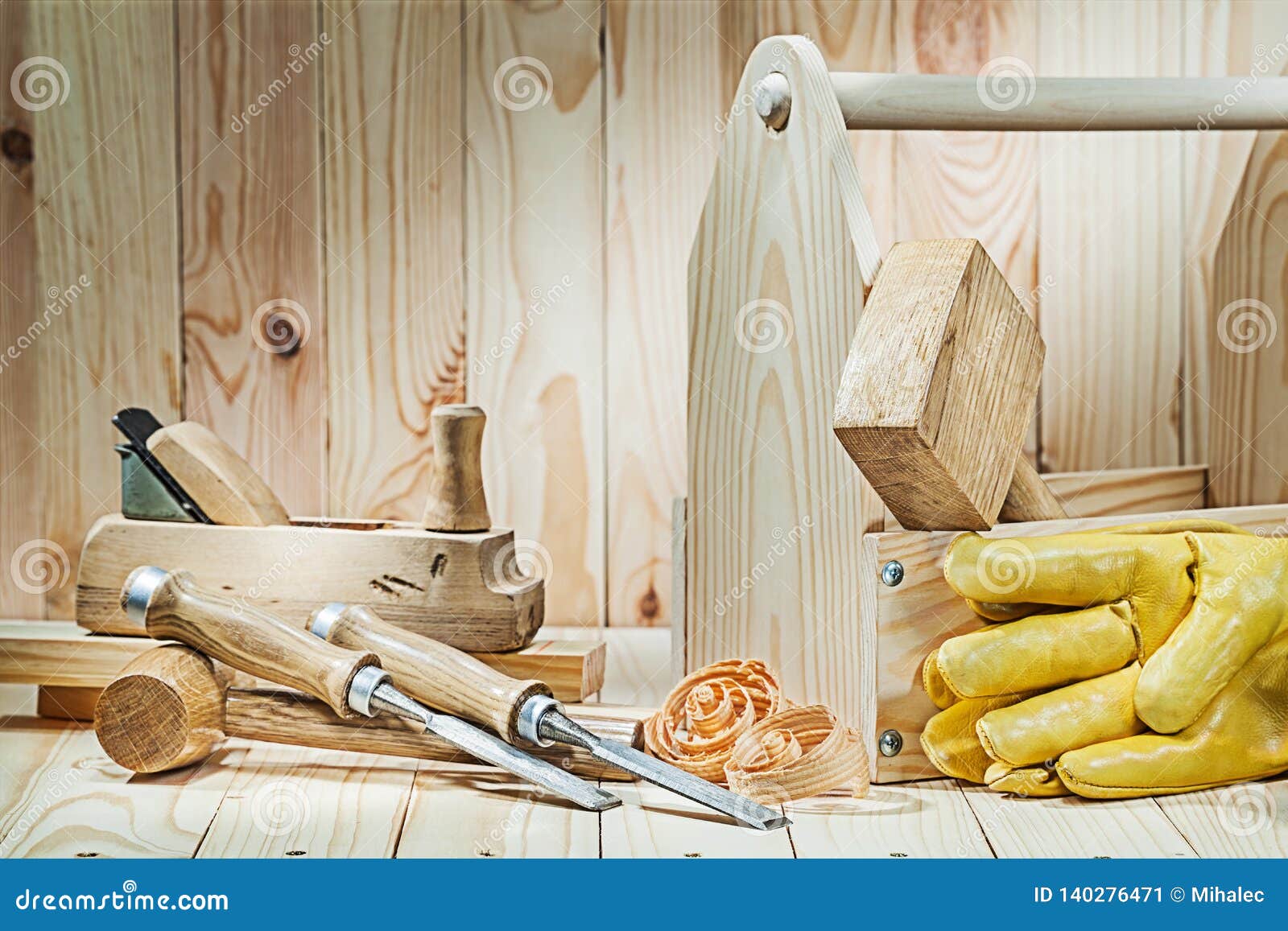 Set of Carpenter Tools with Wooden Toolbox on Wood Background Stock ...