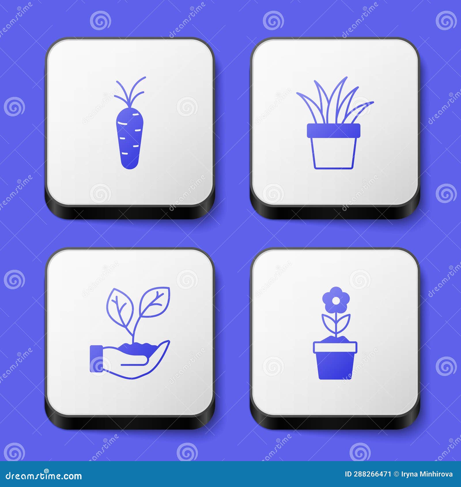 Set Carrot, Plant in Pot, Leaf Hand and Flower Icon. White Square ...