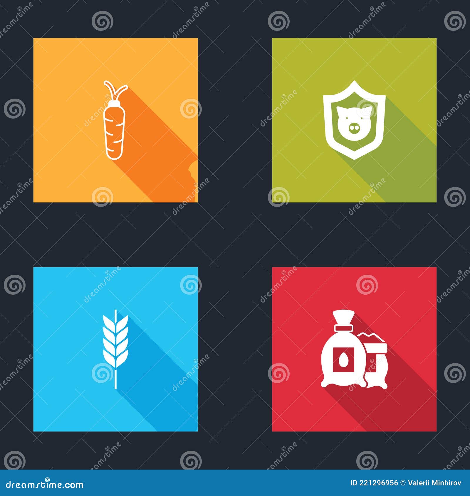 Set Carrot, Shield with Pig, Wheat and Pack Full of Seeds of Plant Icon ...