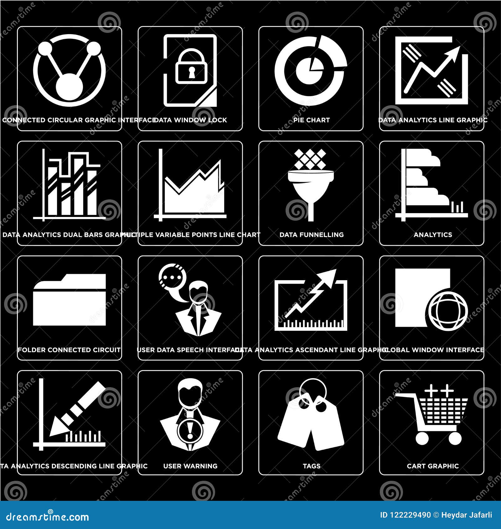 Set of Cart Graphic, Tags, Data Analytics Descending Line Analytics, Global Window Interface ...