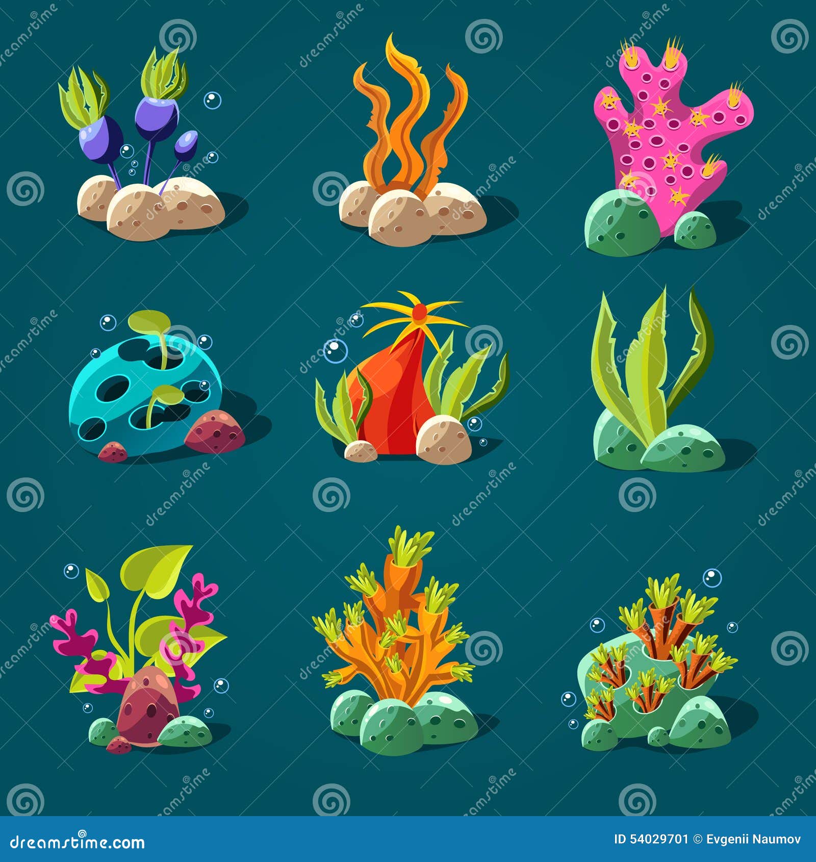 Set of Cartoon Algae, Elements for Aquarium Stock Vector - Illustration ...
