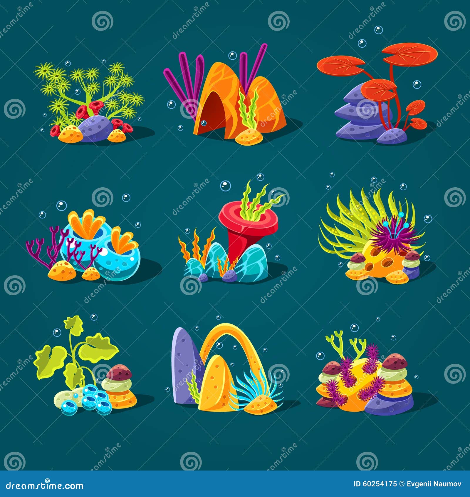 Set of Cartoon Algae, Elements for Aquarium Stock Vector - Illustration ...
