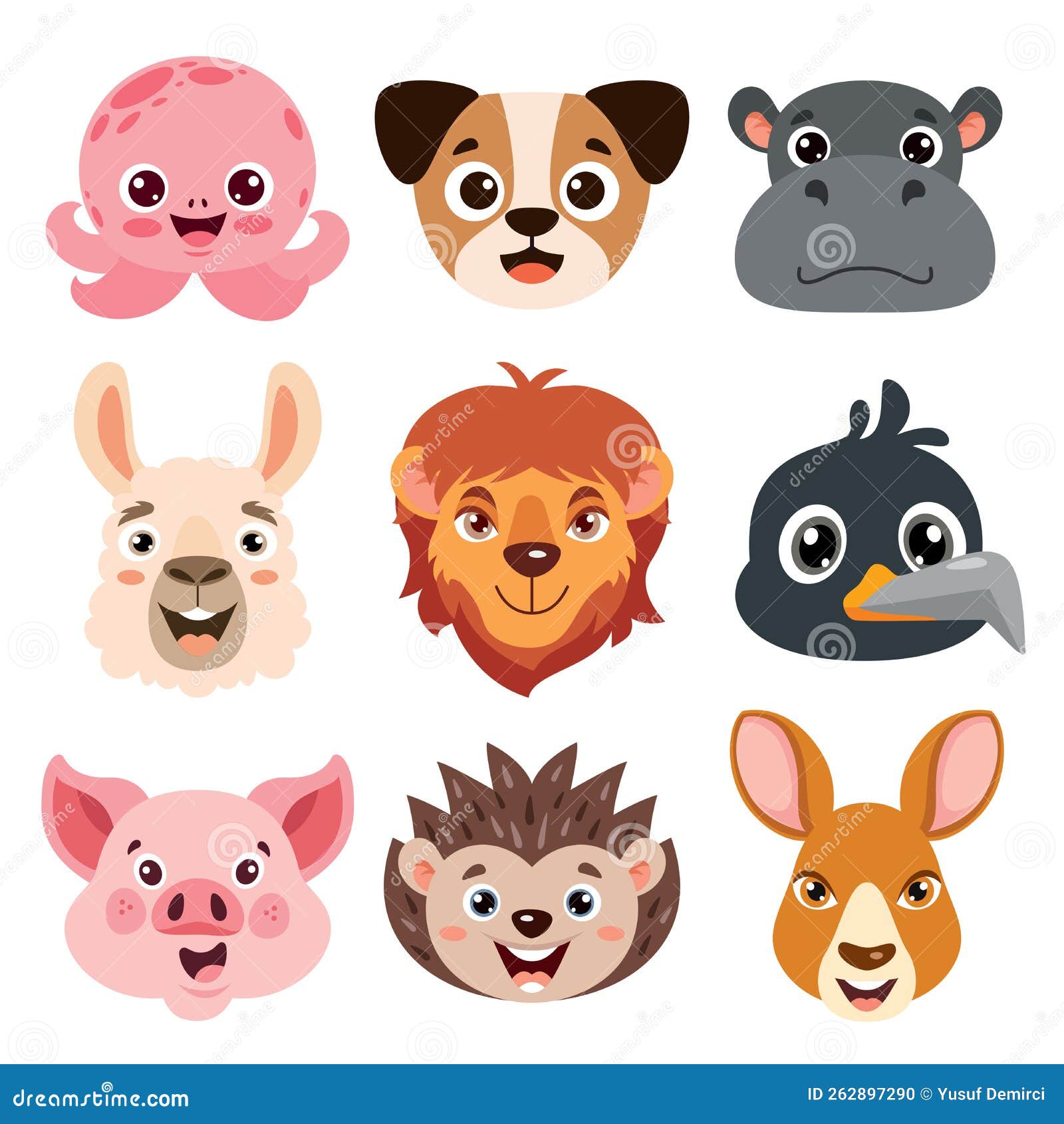 Set of Cartoon Animal Heads Stock Illustration - Illustration of ...