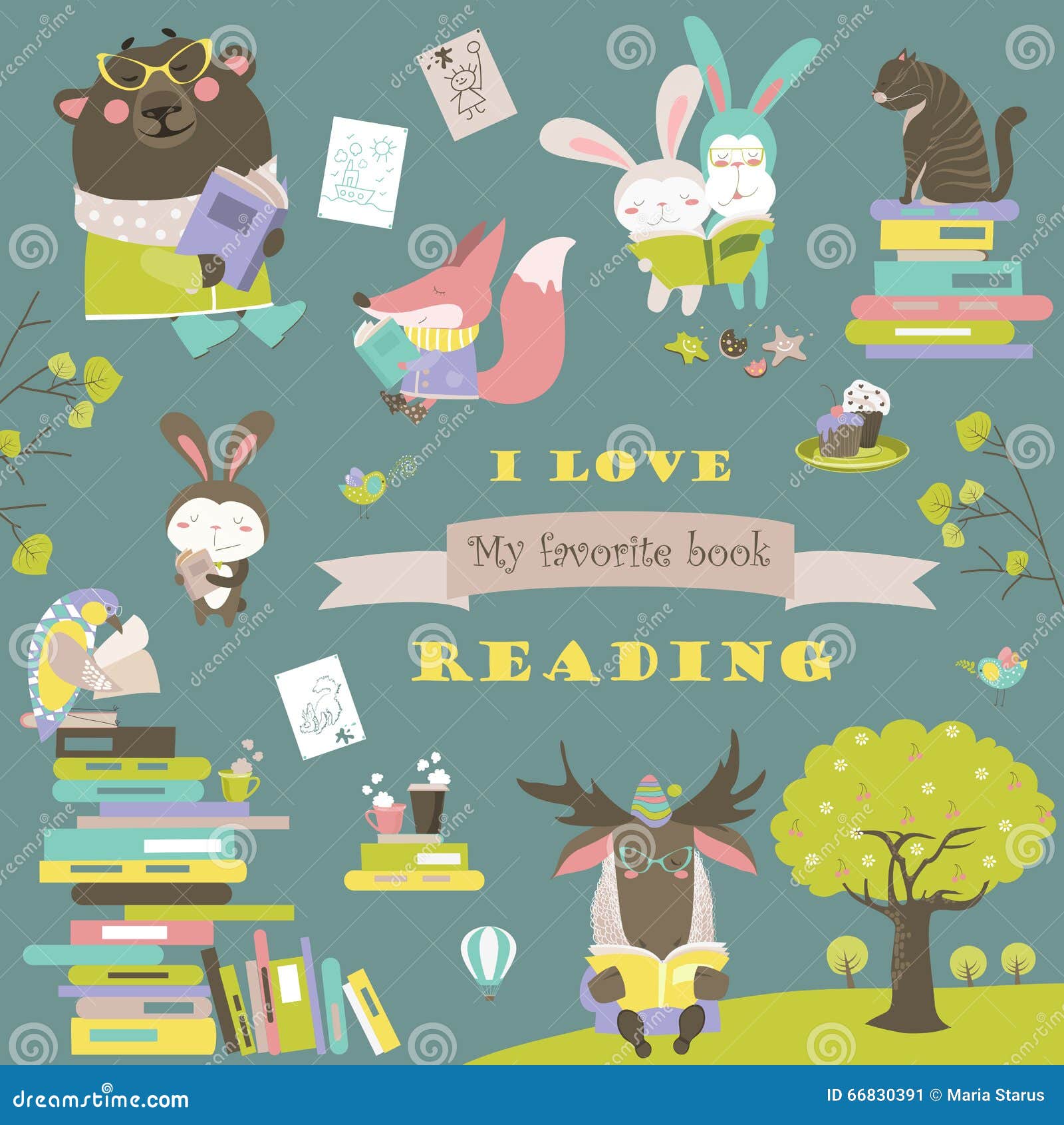 Set of Cartoon Animals Reading Books Stock Vector - Illustration of ...