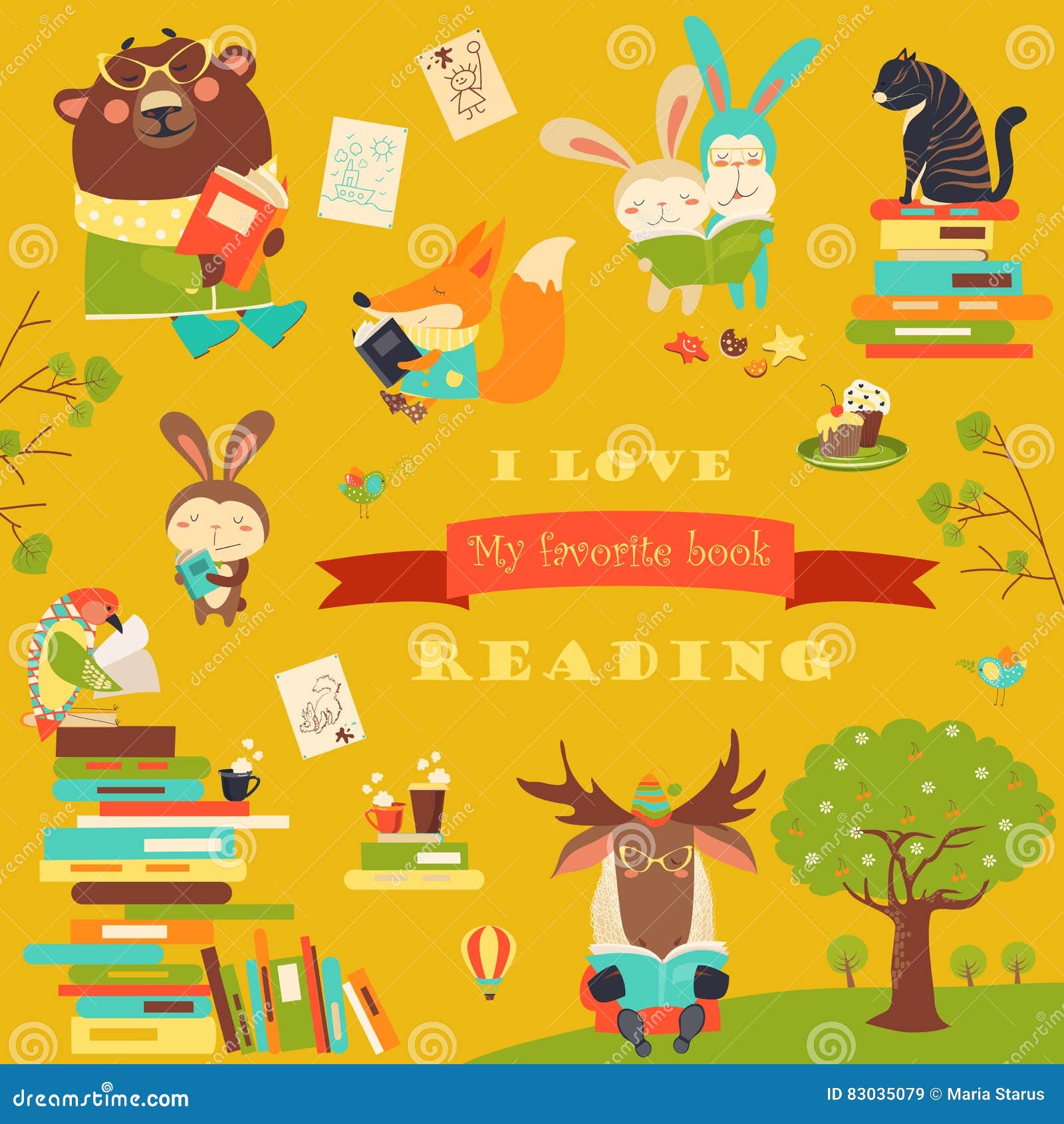 Set of Cartoon Animals Reading Books Stock Vector - Illustration of ...