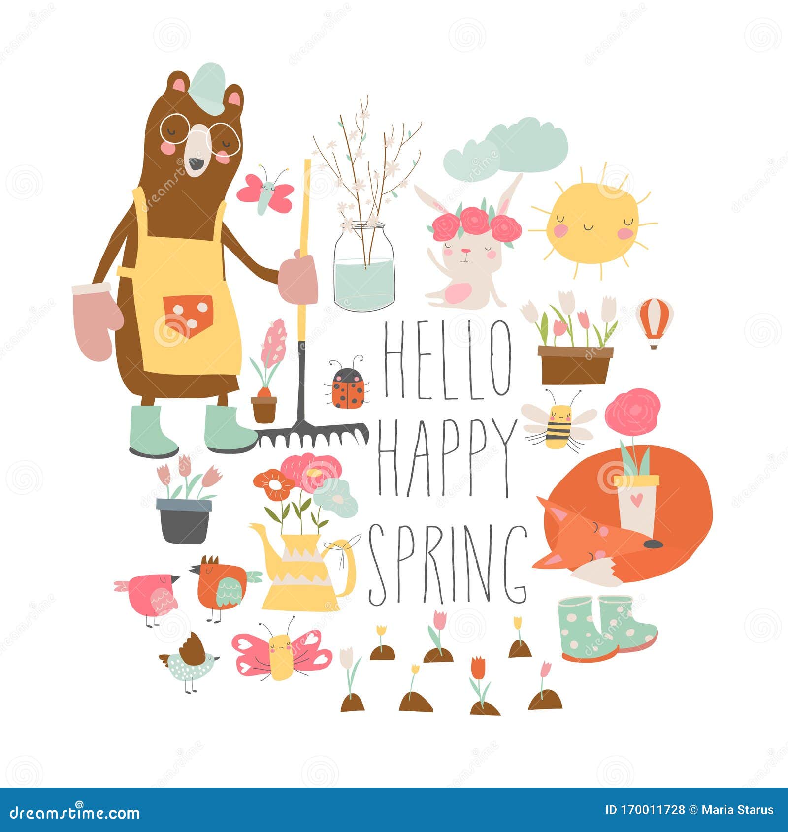 Set of Cartoon Animals and Spring Elements Stock Vector - Illustration ...