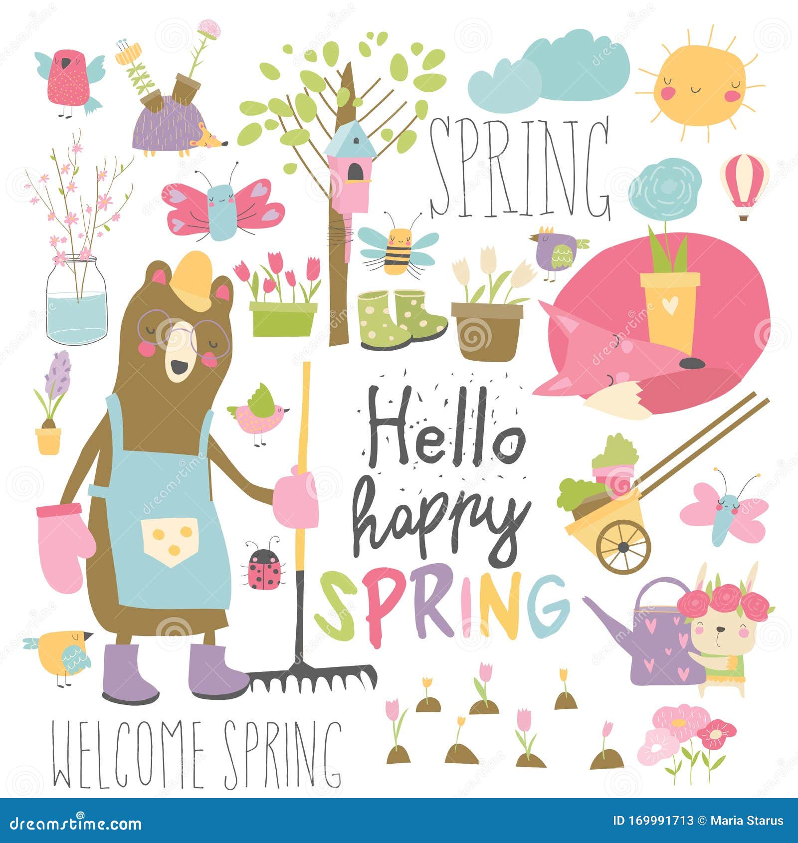 Set of Cartoon Animals and Spring Elements Stock Vector - Illustration ...