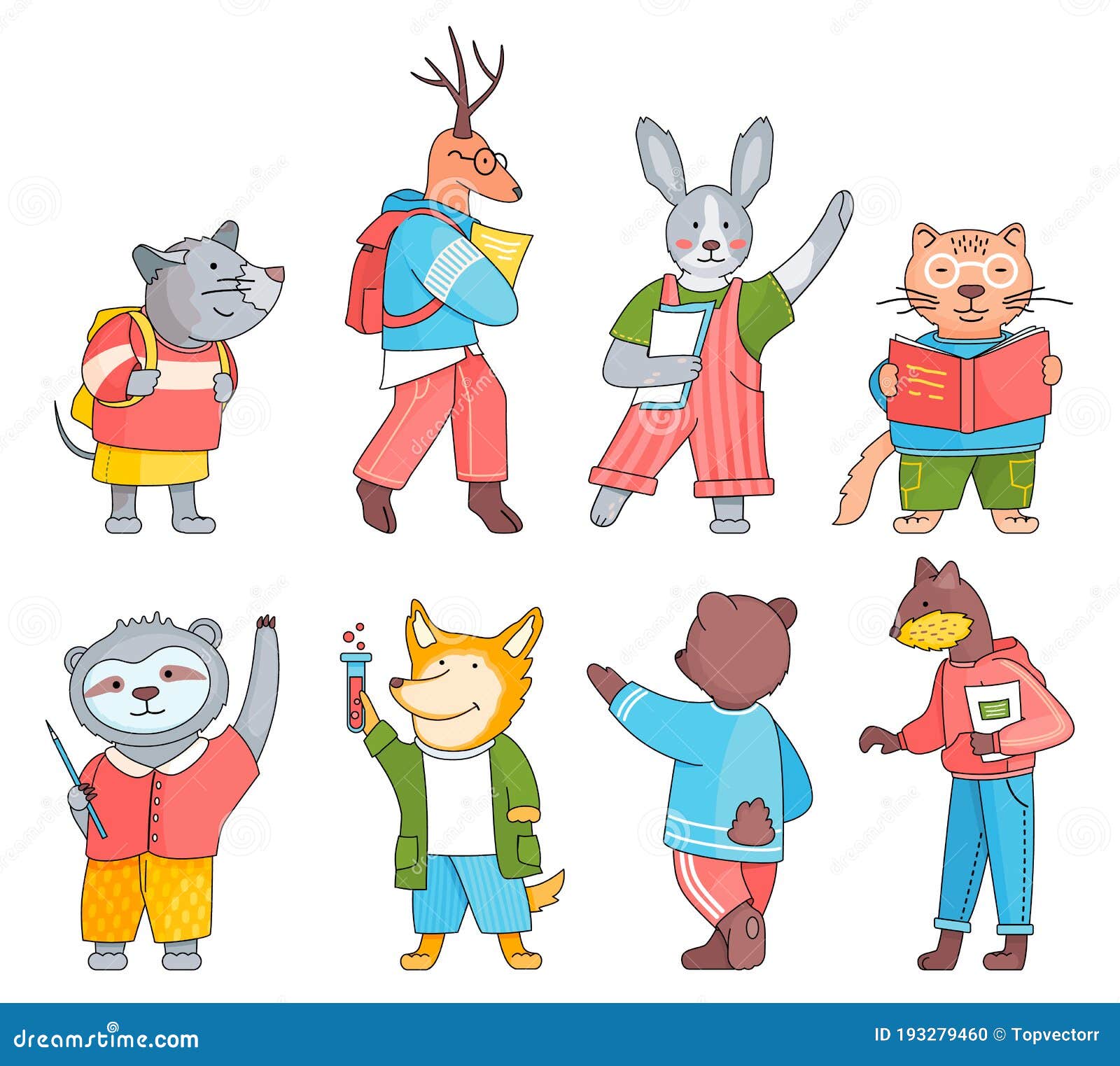 Set of Cartoon Animals Students, Cute Characters Studying in College ...
