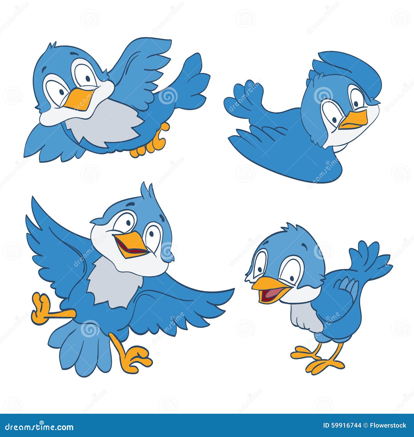 Set of Cartoon Blue Birds on White Stock Vector - Illustration of ...
