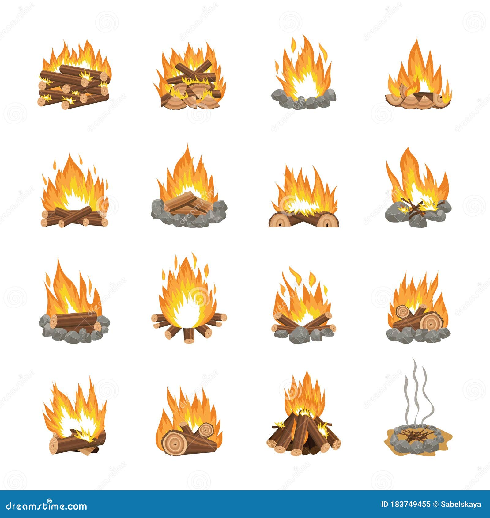 Set of Cartoon Bonfire Variations - Firewood Stacking Methods for ...