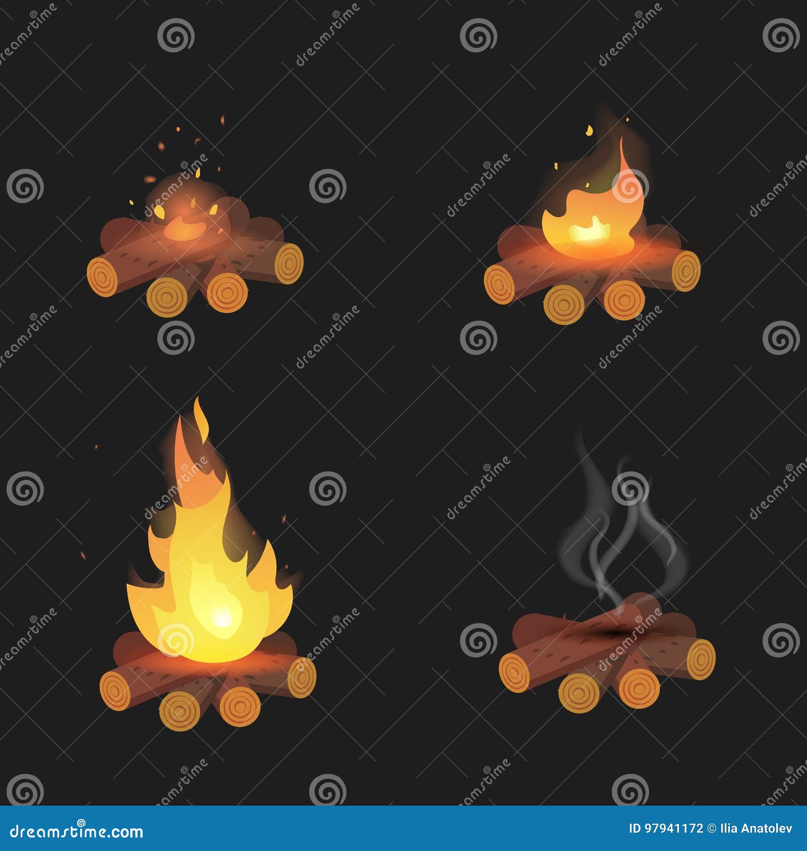 Set Of Cartoon Bonfires With Stones On Black Background Isolated ...