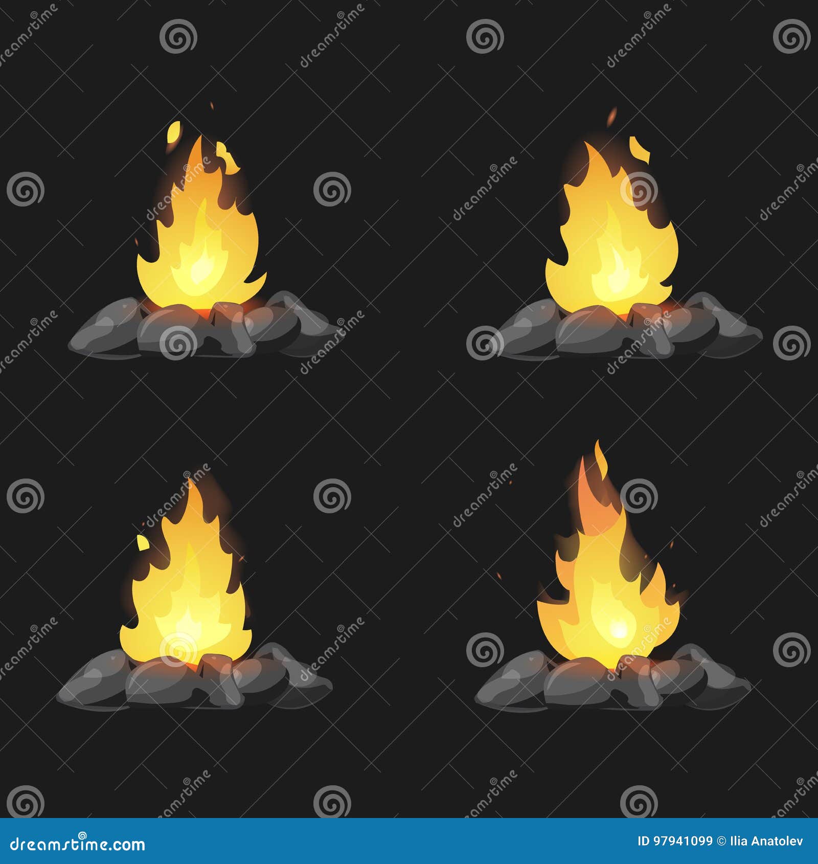Set of Cartoon Bonfires with Stones on Black Background Isolated ...