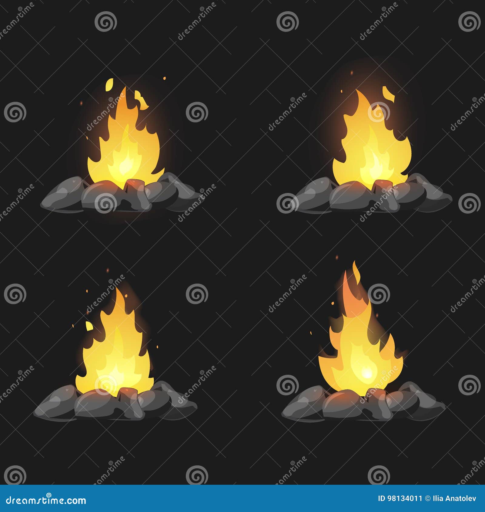 Cartoon Bonfires. Outdoor Burning Fire Flames With Stone Border, Burned ...
