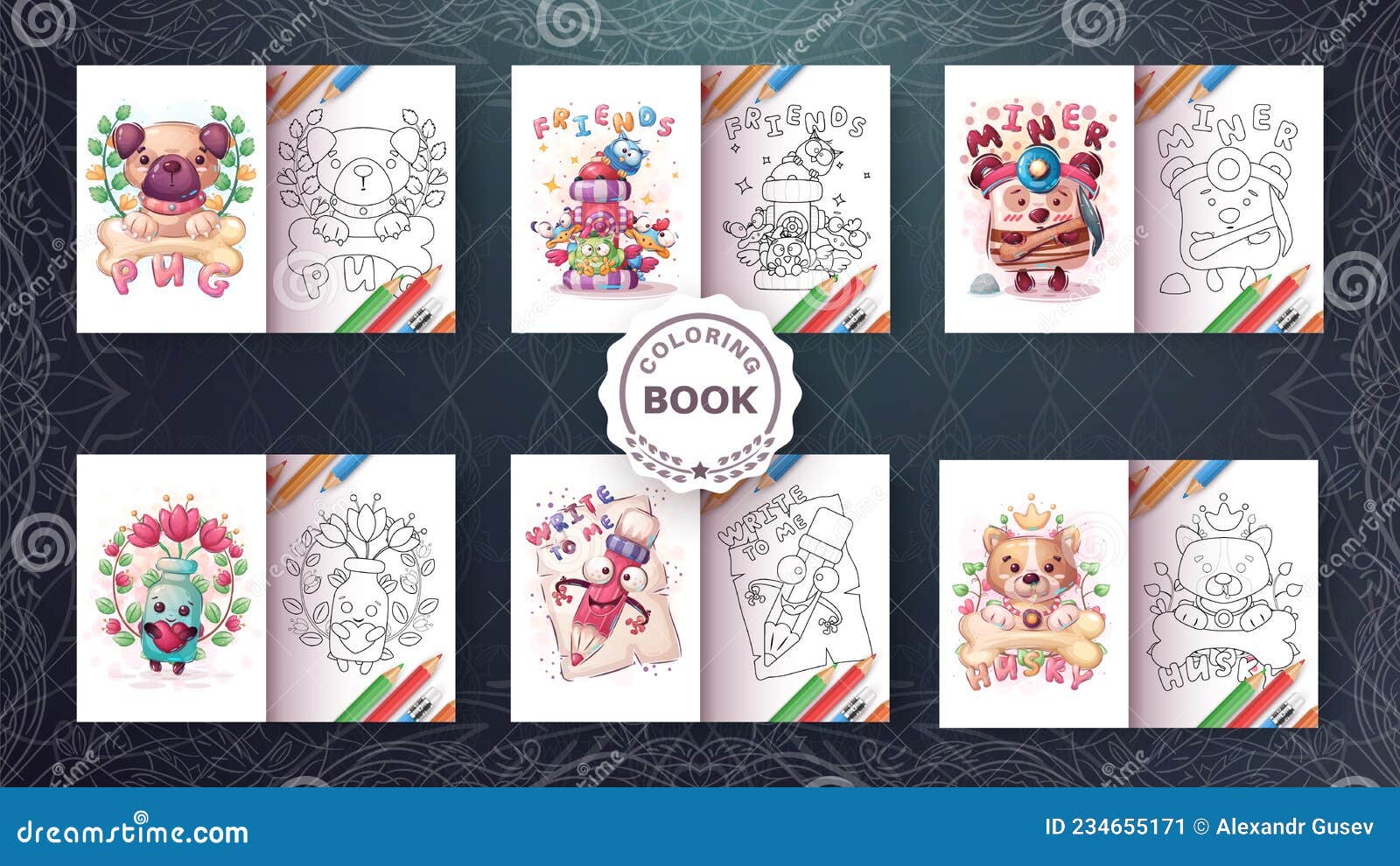 Set Cartoon Character Animal Coloring Book Stock Vector - Illustration ...