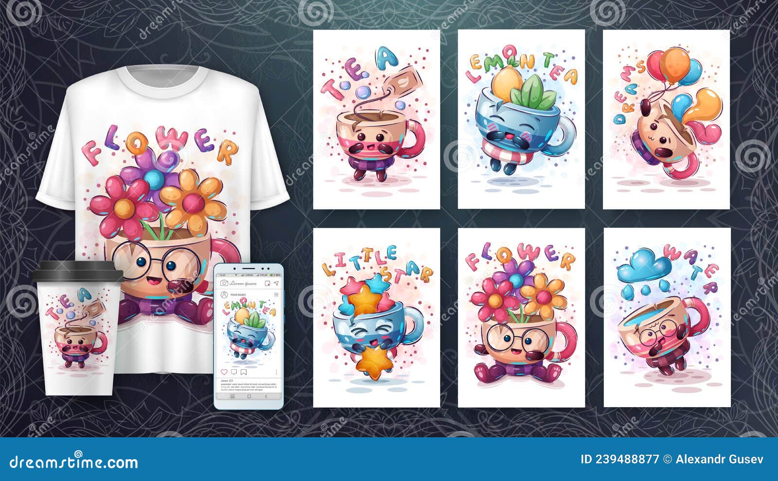 Set Cartoon Character Cup Tea- Set Five Poster Stock Vector ...