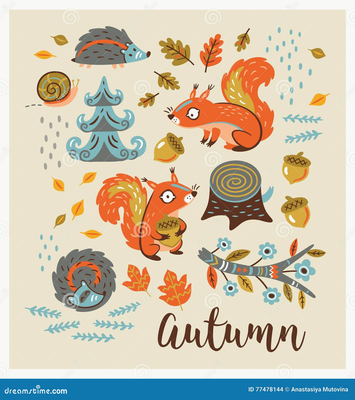 Set of Cartoon Characters and Autumn Elements Stock Vector ...