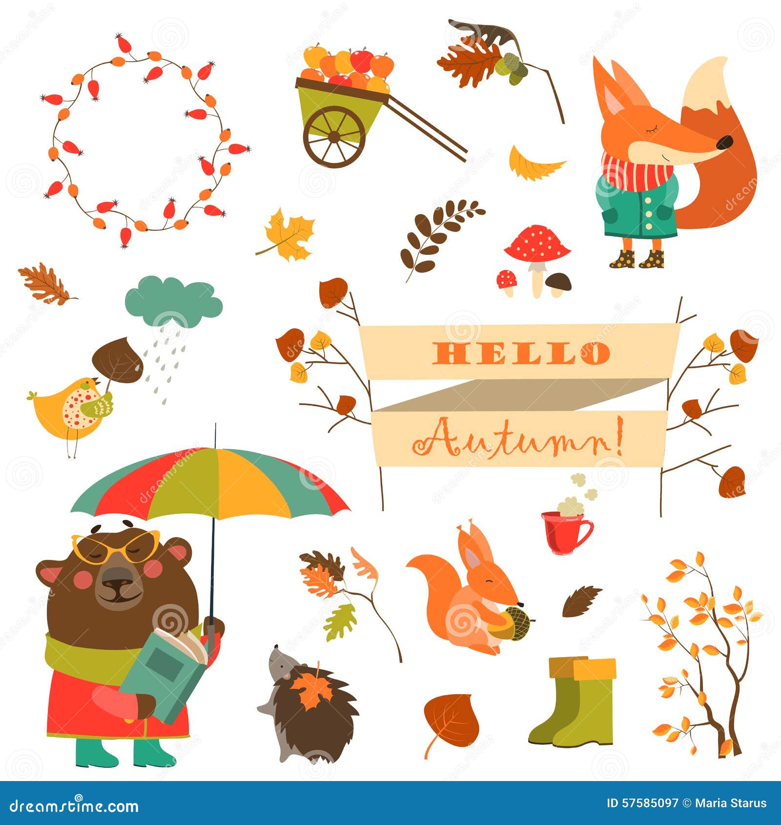 Set of Cartoon Characters and Autumn Elements Stock Vector ...