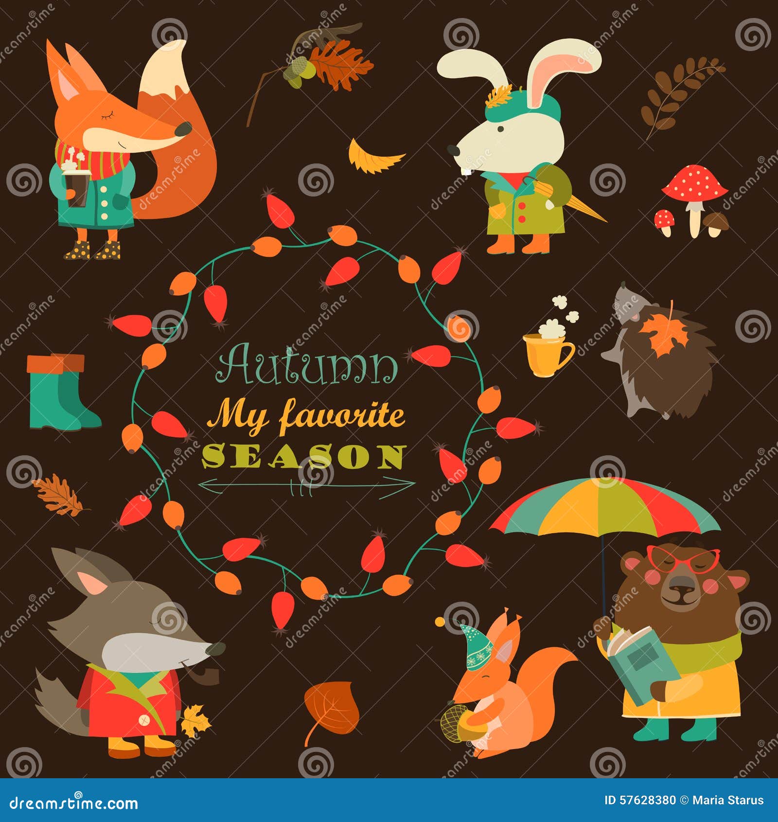 Set of Cartoon Characters and Autumn Elements Stock Vector ...