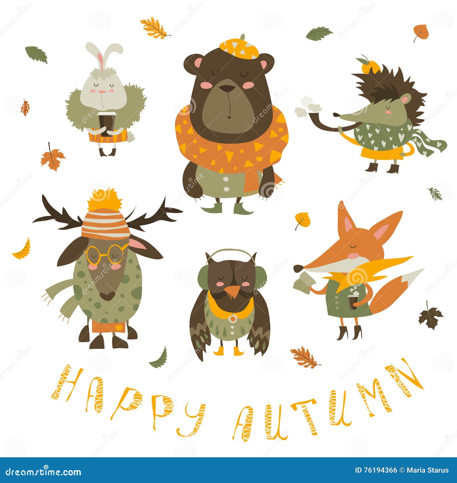 Set of Cartoon Characters and Autumn Elements Stock Vector ...