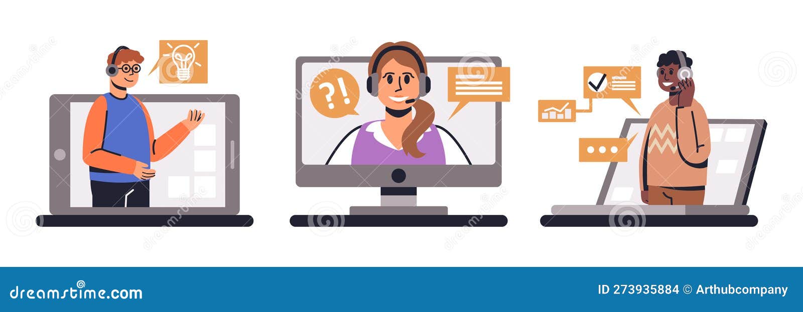 Set Cartoon Characters in Headsets Working As Call Center Operators ...