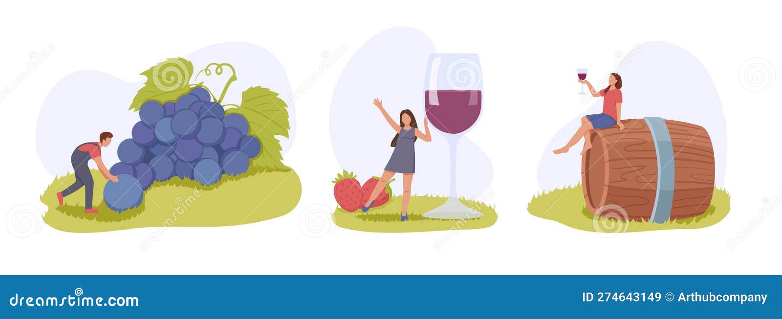 Set of Cartoon Characters Making Wine from Organic Grapes Stock Vector ...