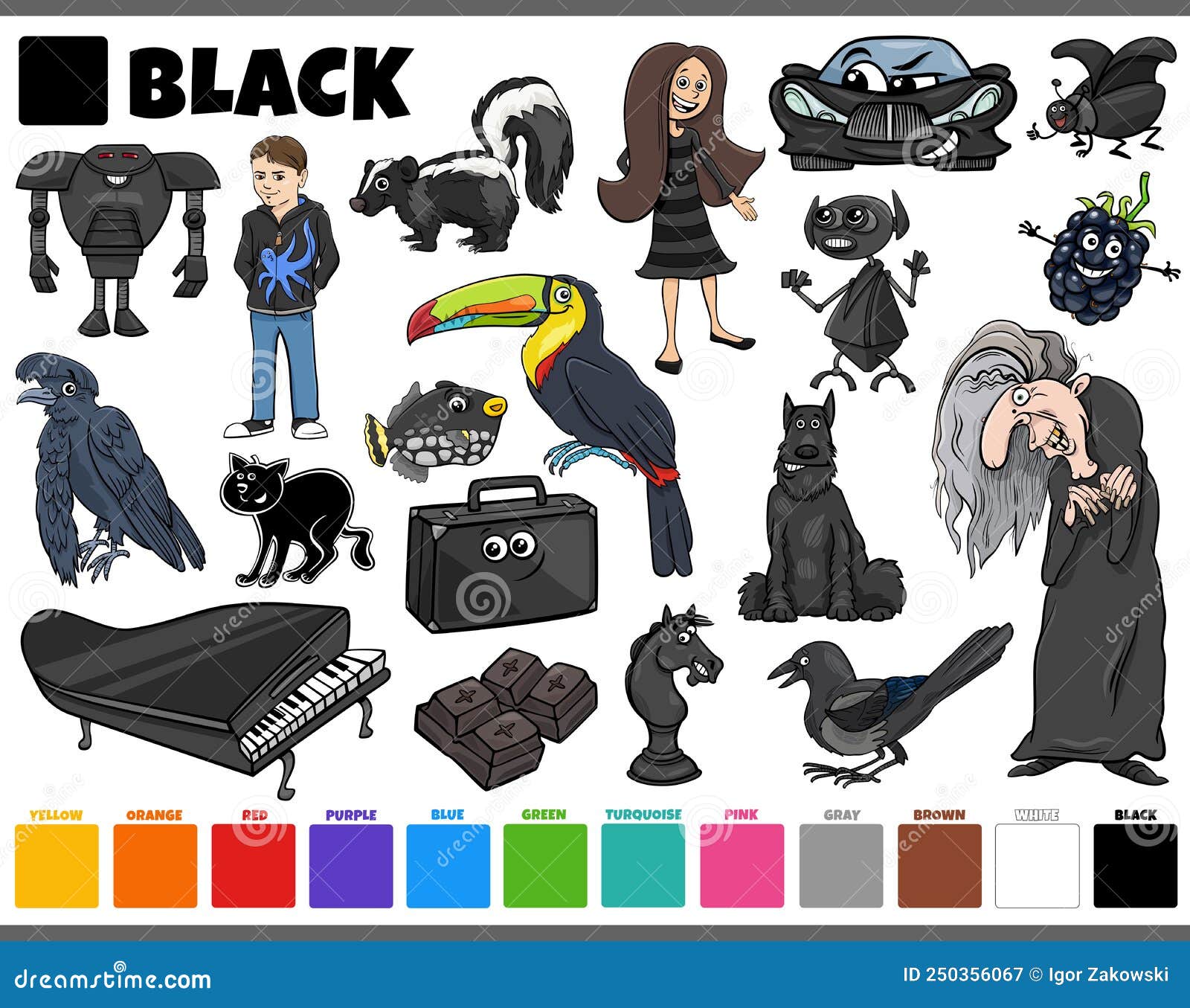 Set with Cartoon Characters and Objects in Black Stock Vector ...