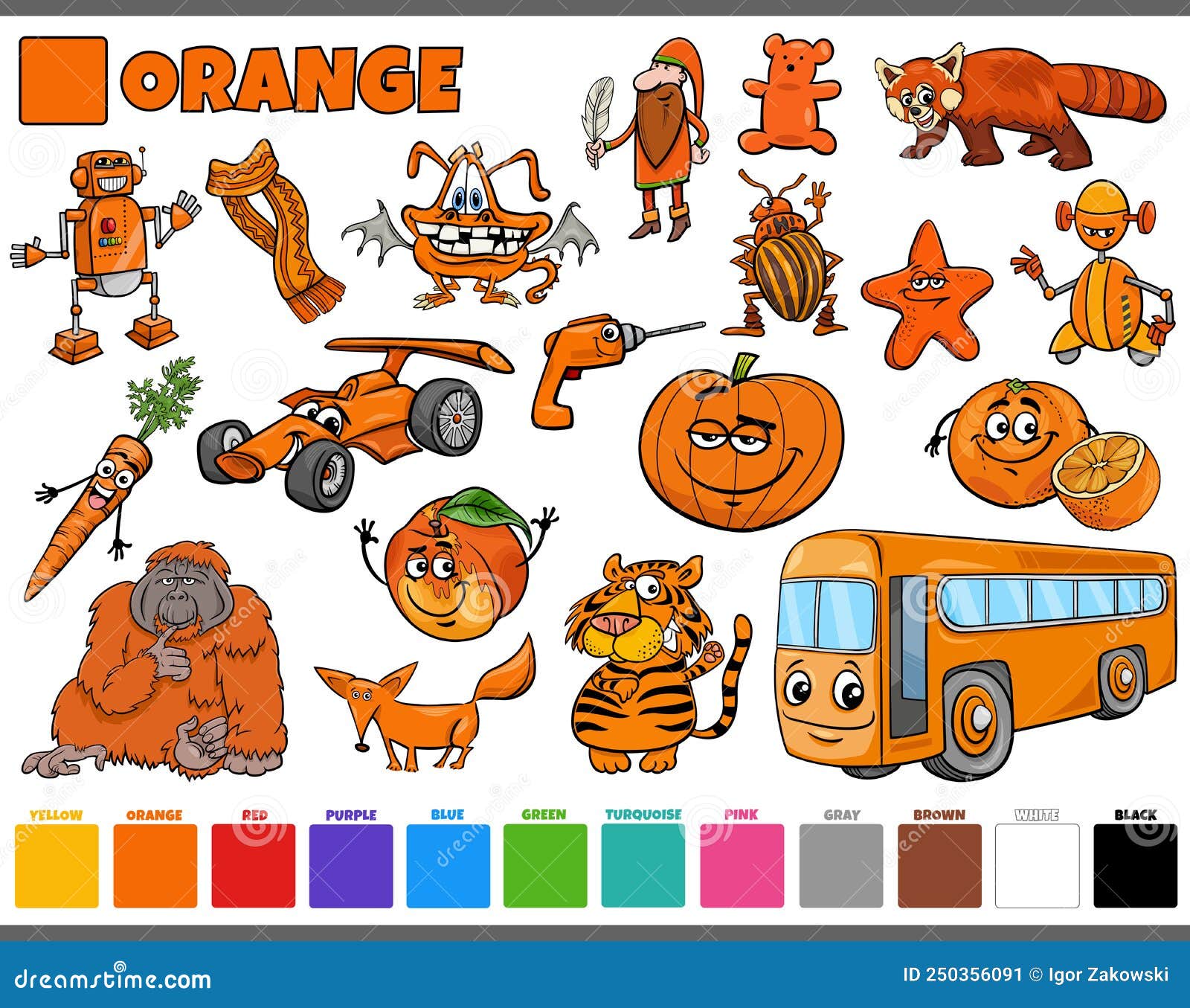 Set with Cartoon Characters and Objects in Orange Stock Vector ...