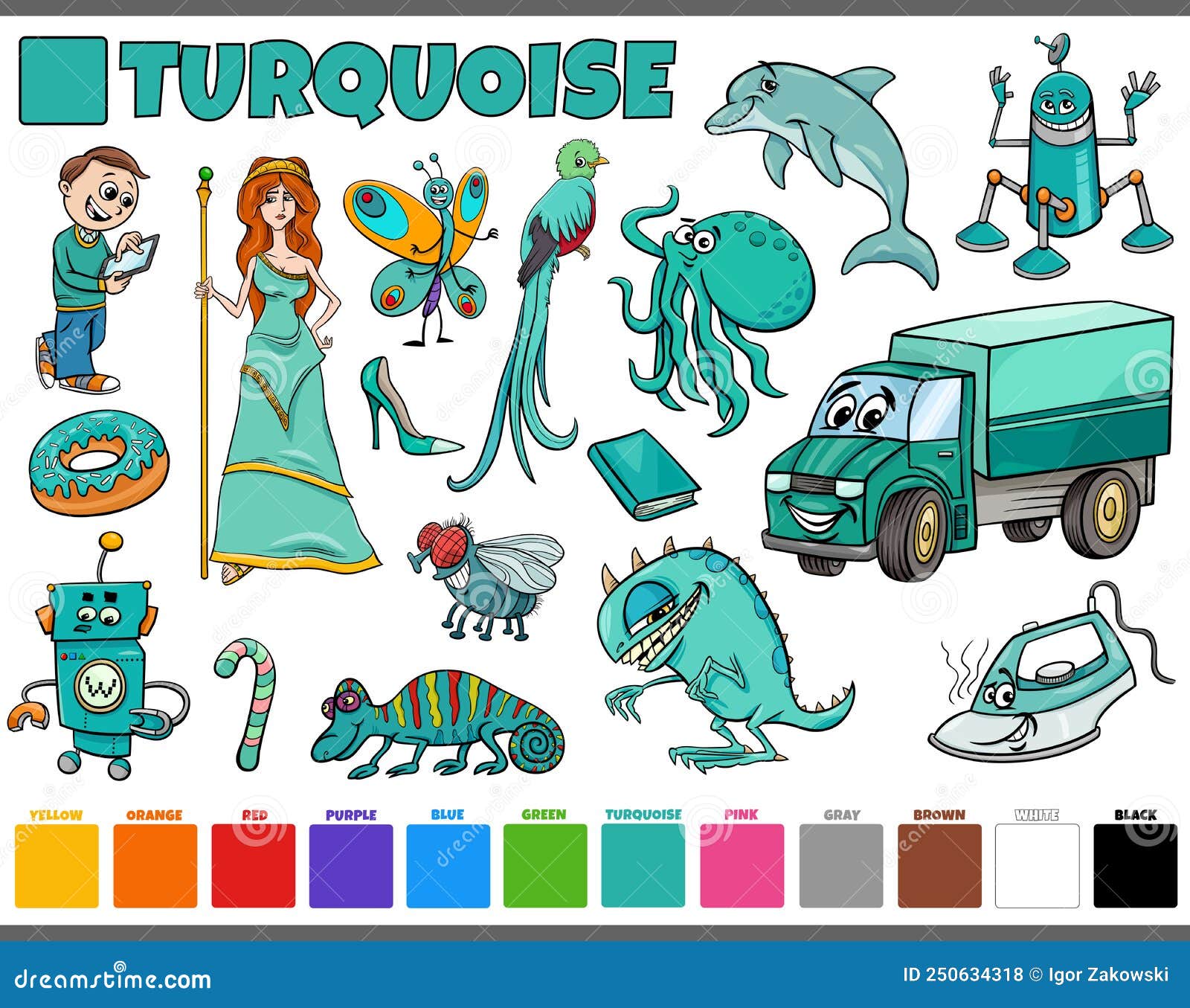 Set with Cartoon Characters and Objects in Turquoise Stock Vector ...