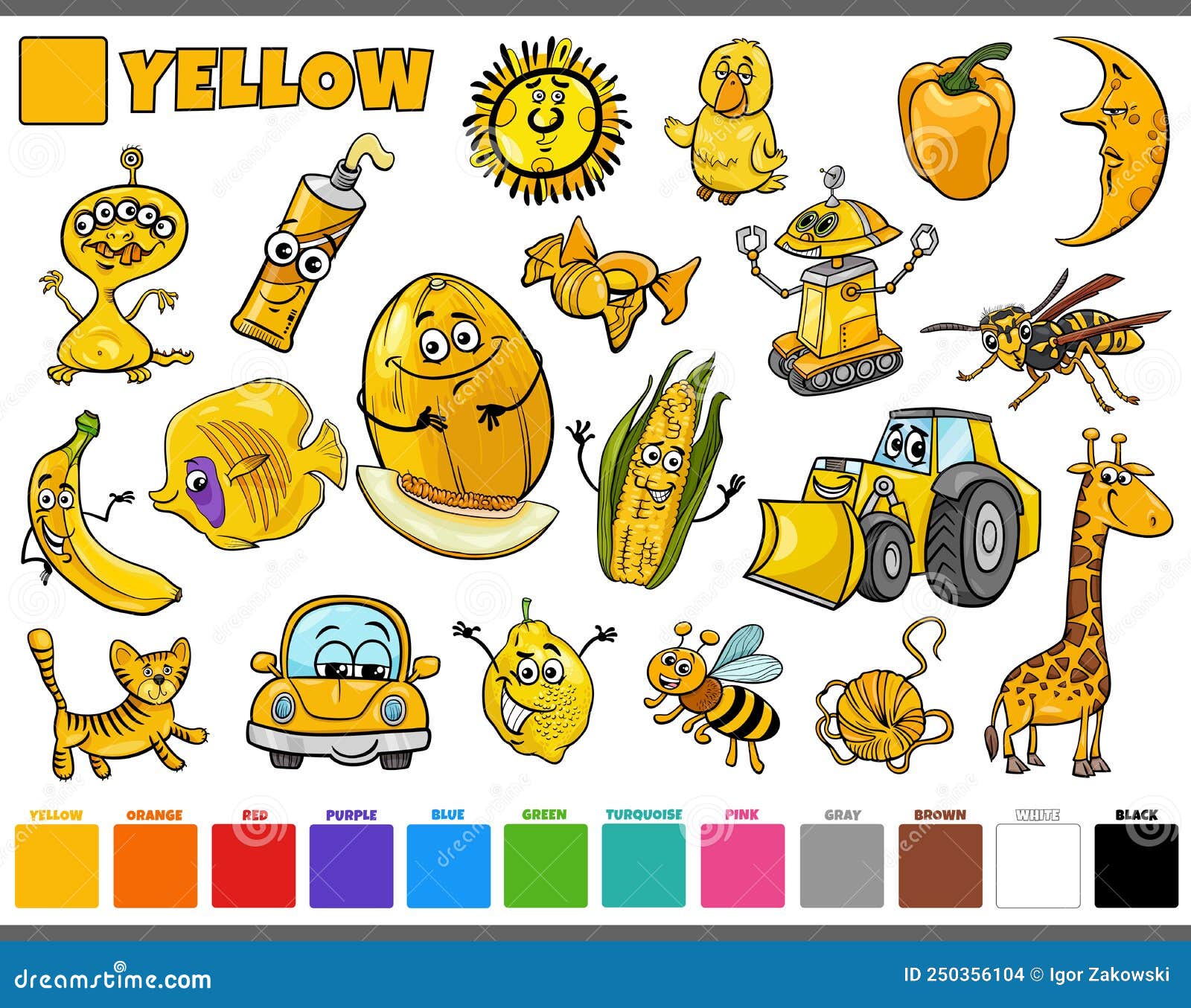 Set with Cartoon Characters and Objects in Yellow Stock Vector ...