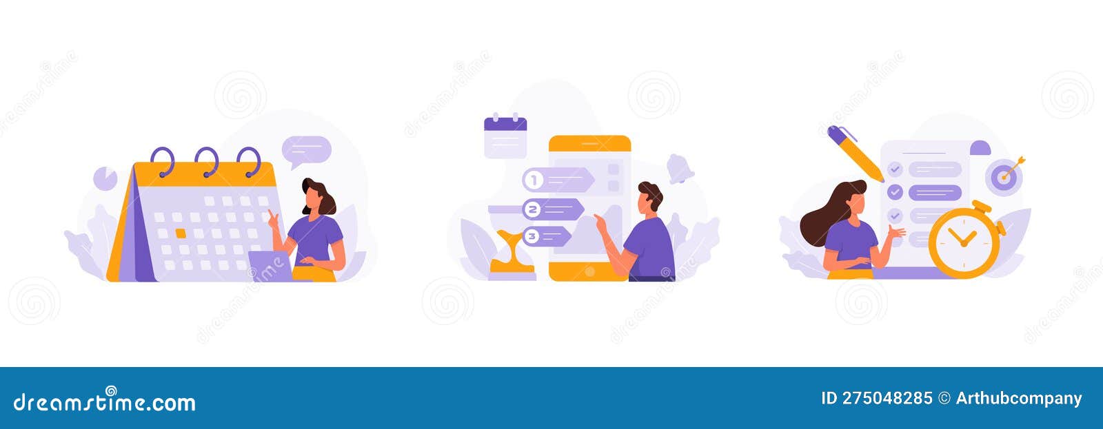 Set of Cartoon Characters Practicing Time Management Efficiency in ...