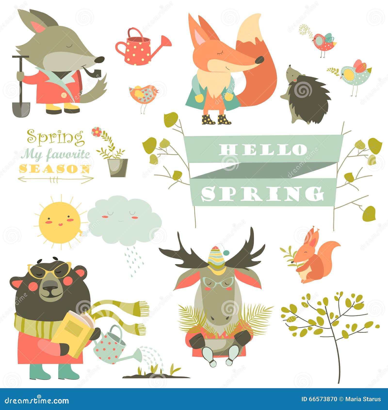 Set of Cartoon Characters and Spring Elements Stock Vector ...