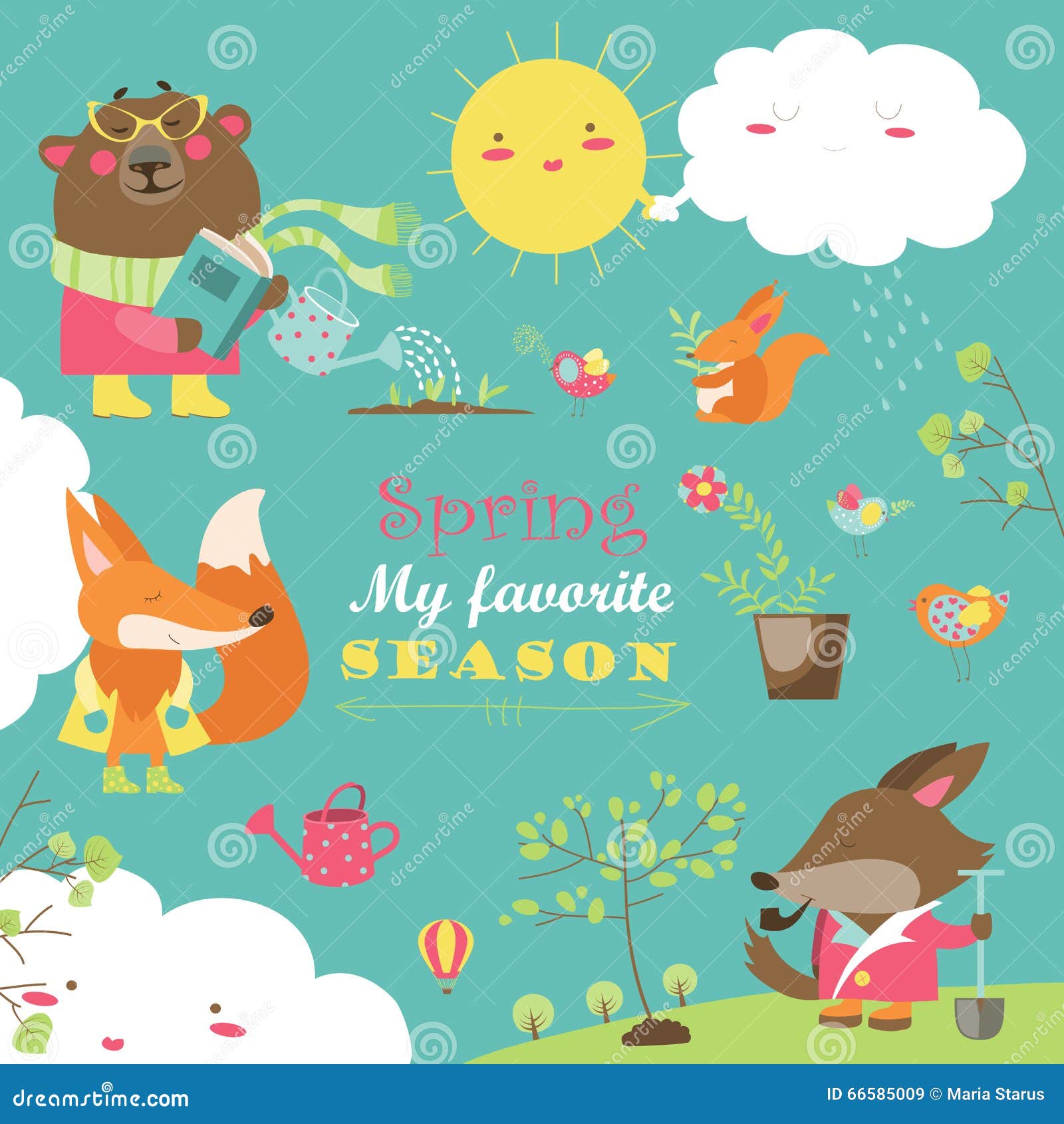 Set of Cartoon Characters and Spring Elements Stock Vector ...