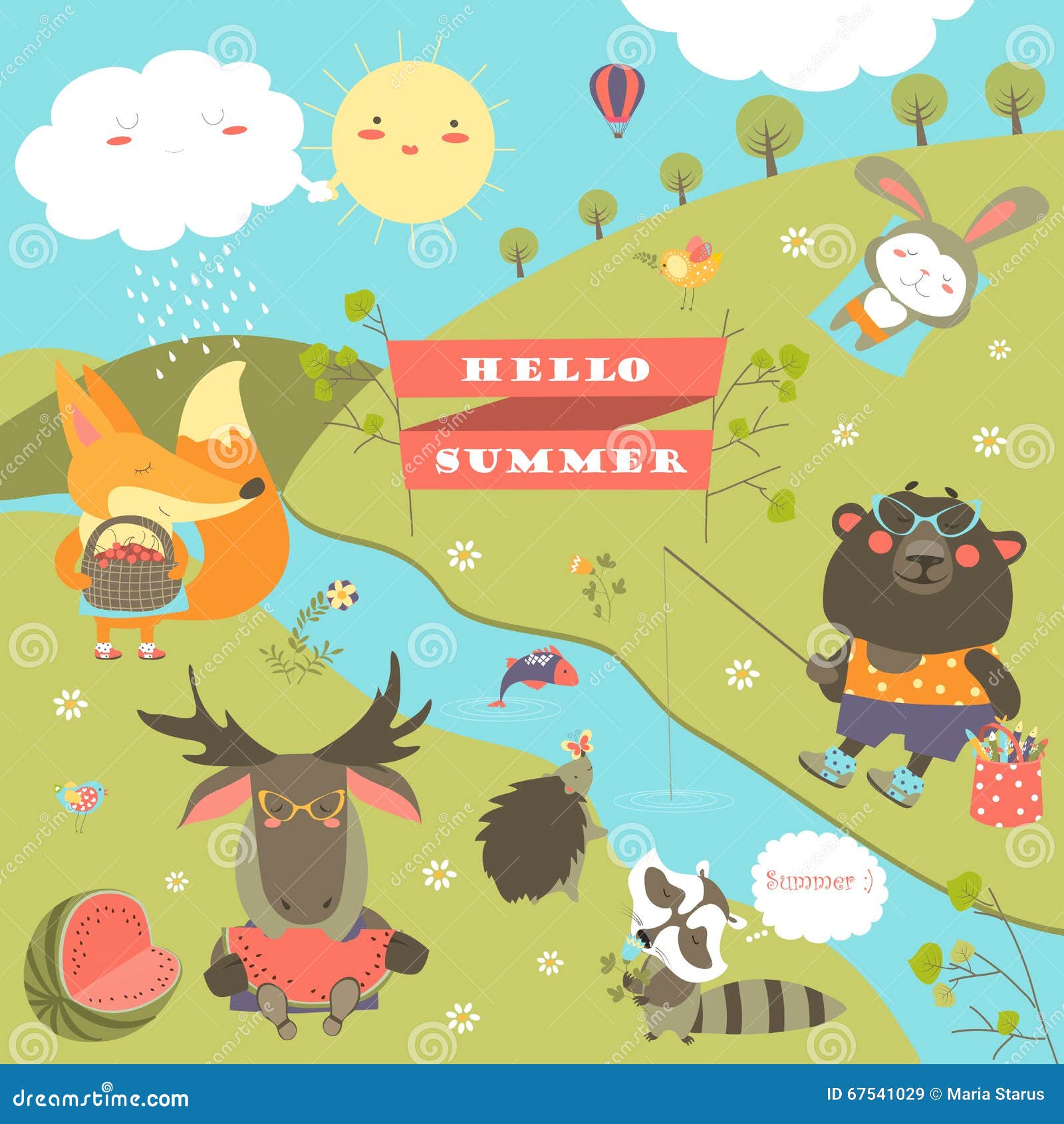 Set of Cartoon Characters and Summer Elements Stock Vector ...