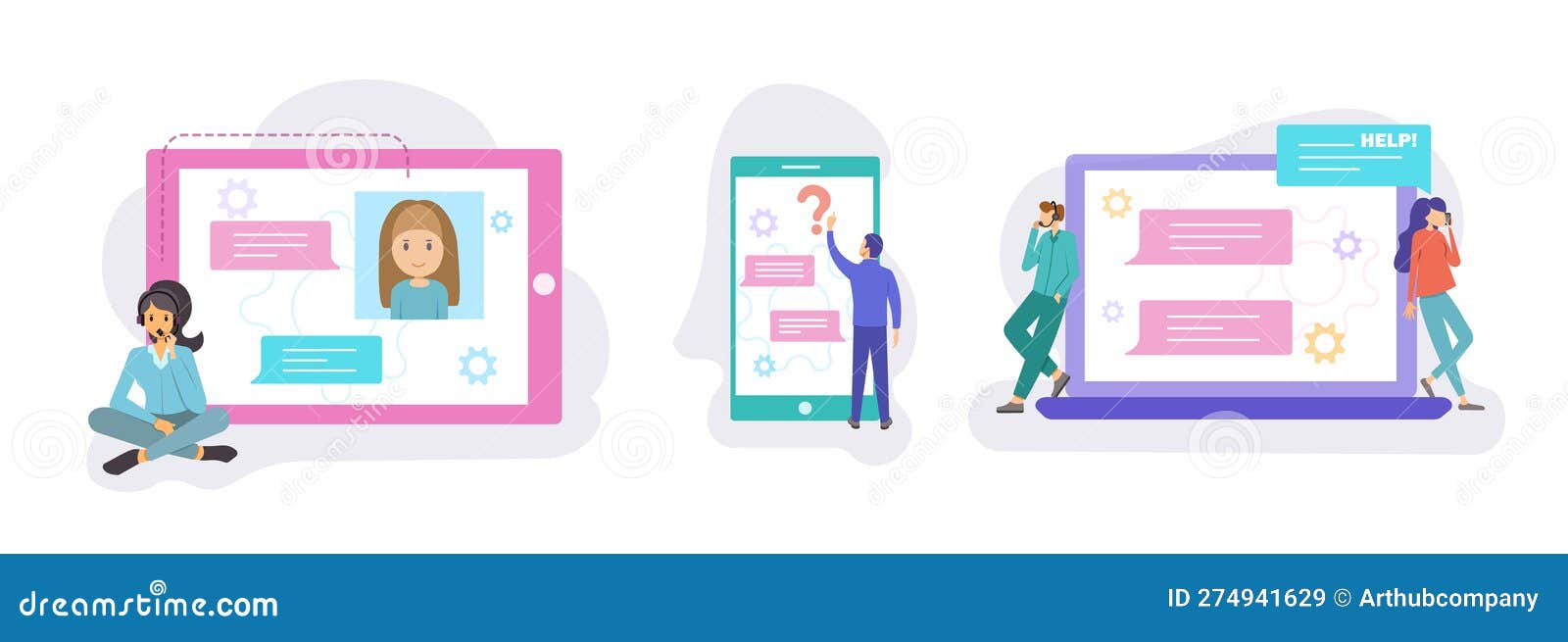 Set of Cartoon Characters Working As Technical Support Representatives ...