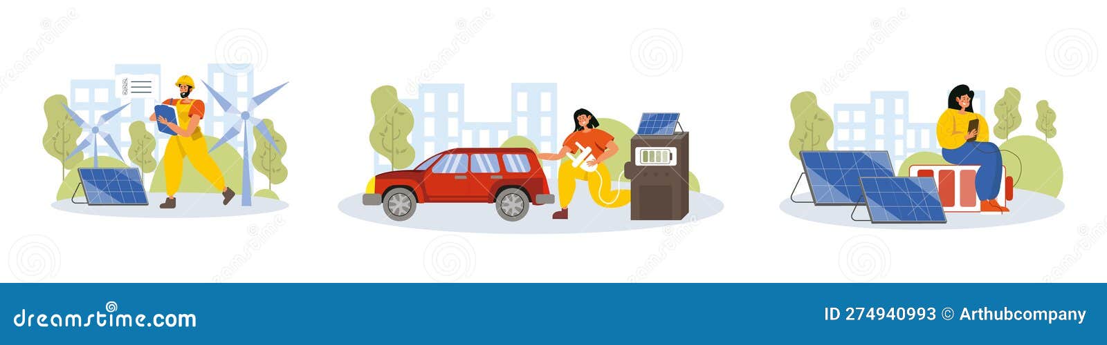 Set of Cartoon Characters of Young People Using Solar Panels As Source ...