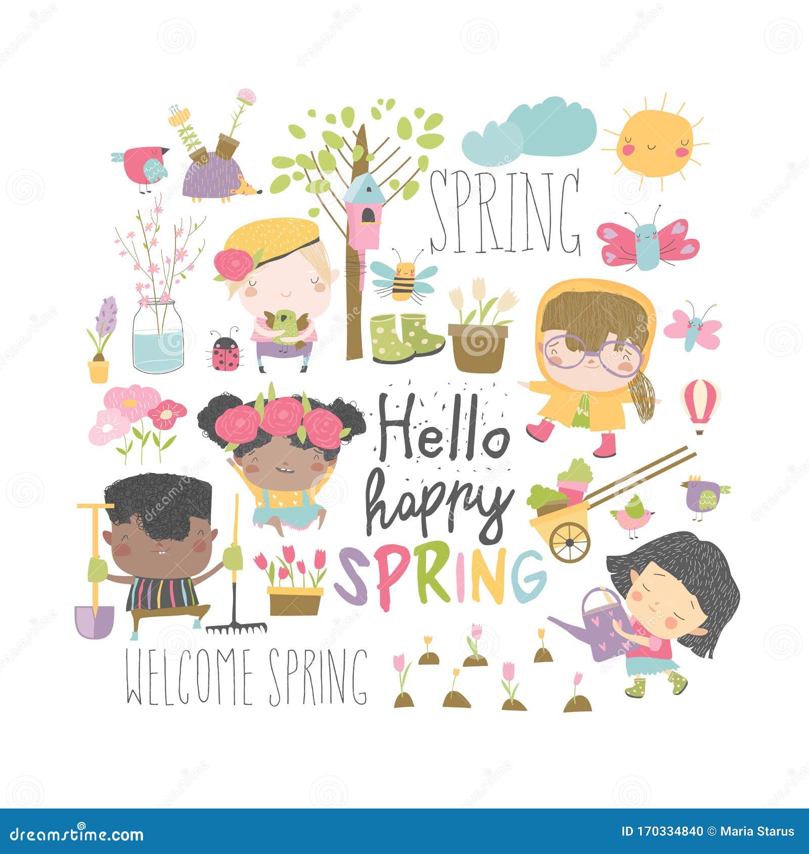 Set of Cartoon Children and Spring Elements Stock Vector - Illustration ...