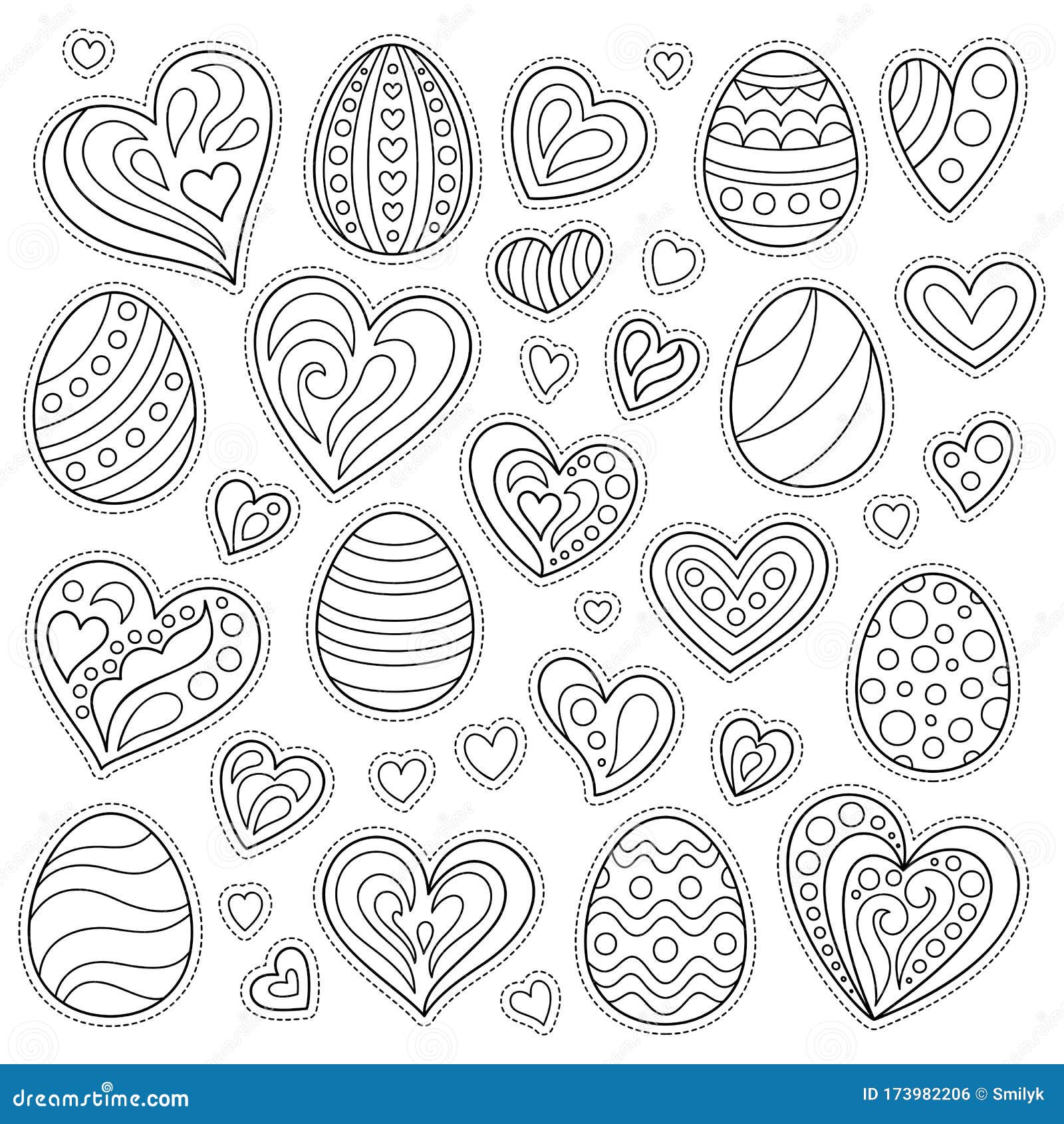Set of Cartoon Contour Stickers Easter Eggs and Hearts, Isolated on ...