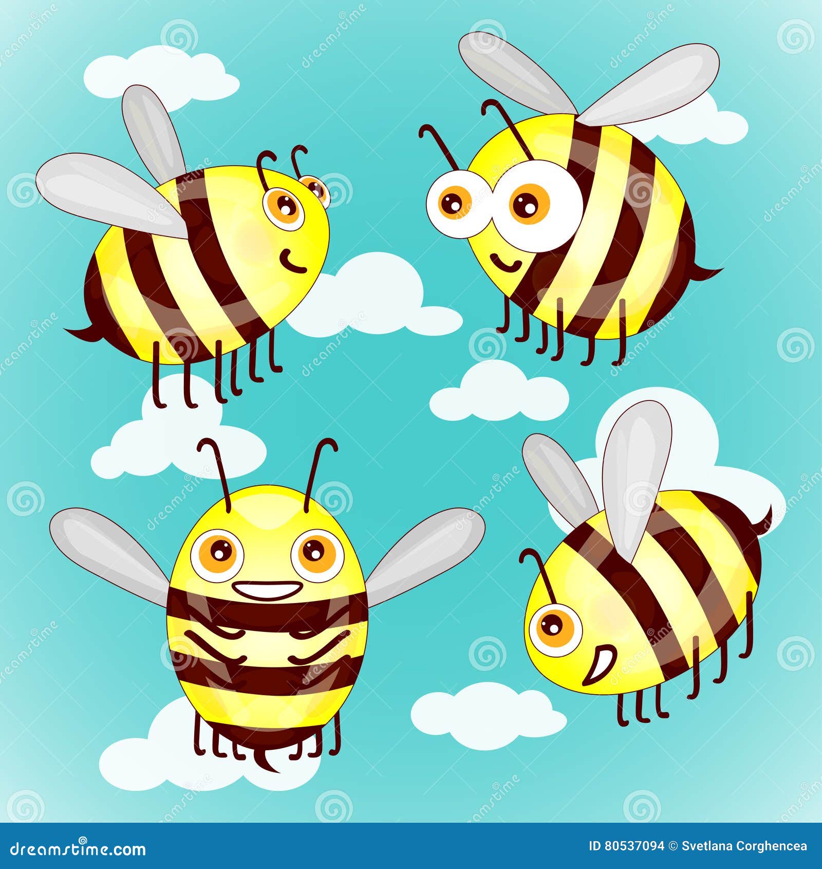 Set Cartoon Cute Bees on Sky with Clouds Stock Vector - Illustration of ...