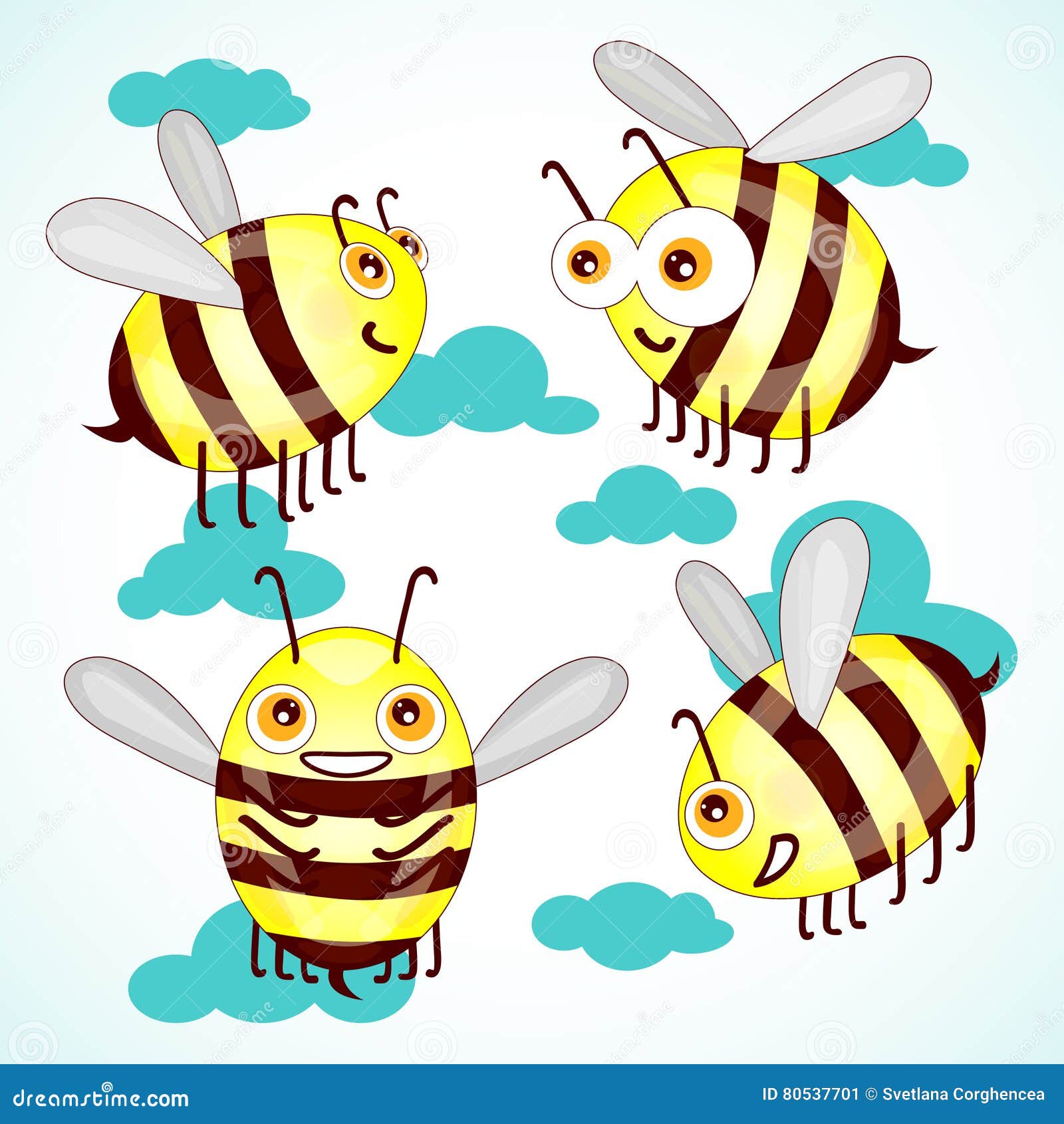 Set Cartoon Cute Bees on Sky with Clouds Stock Vector - Illustration of ...
